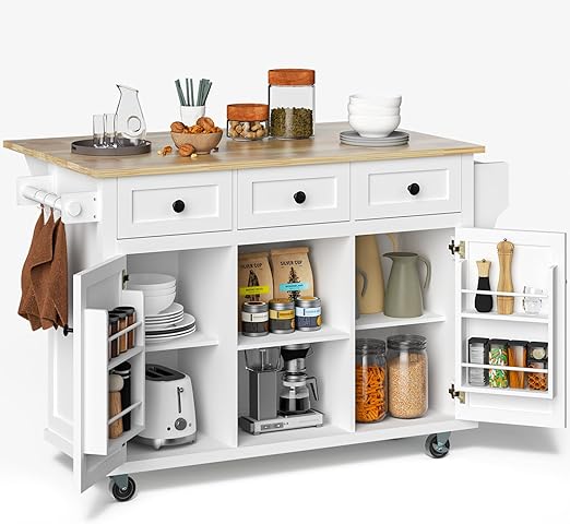 Amazon.com: Rovibek Rolling Kitchen Island with Drawers Mobile Kitchen ...