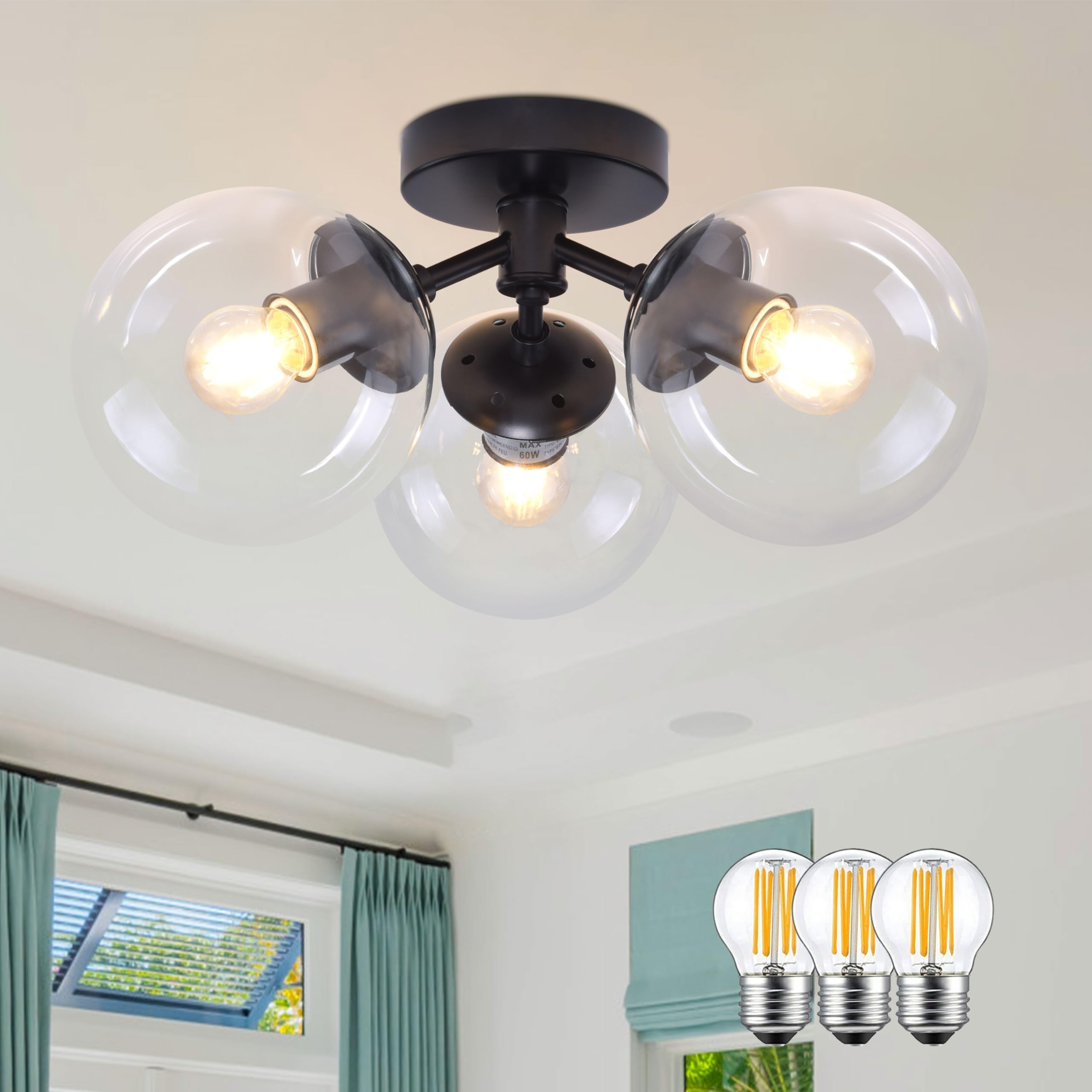 Bagood 3 Light Modern Black Semi Flush Mount Ceiling Light Clear Glass ...