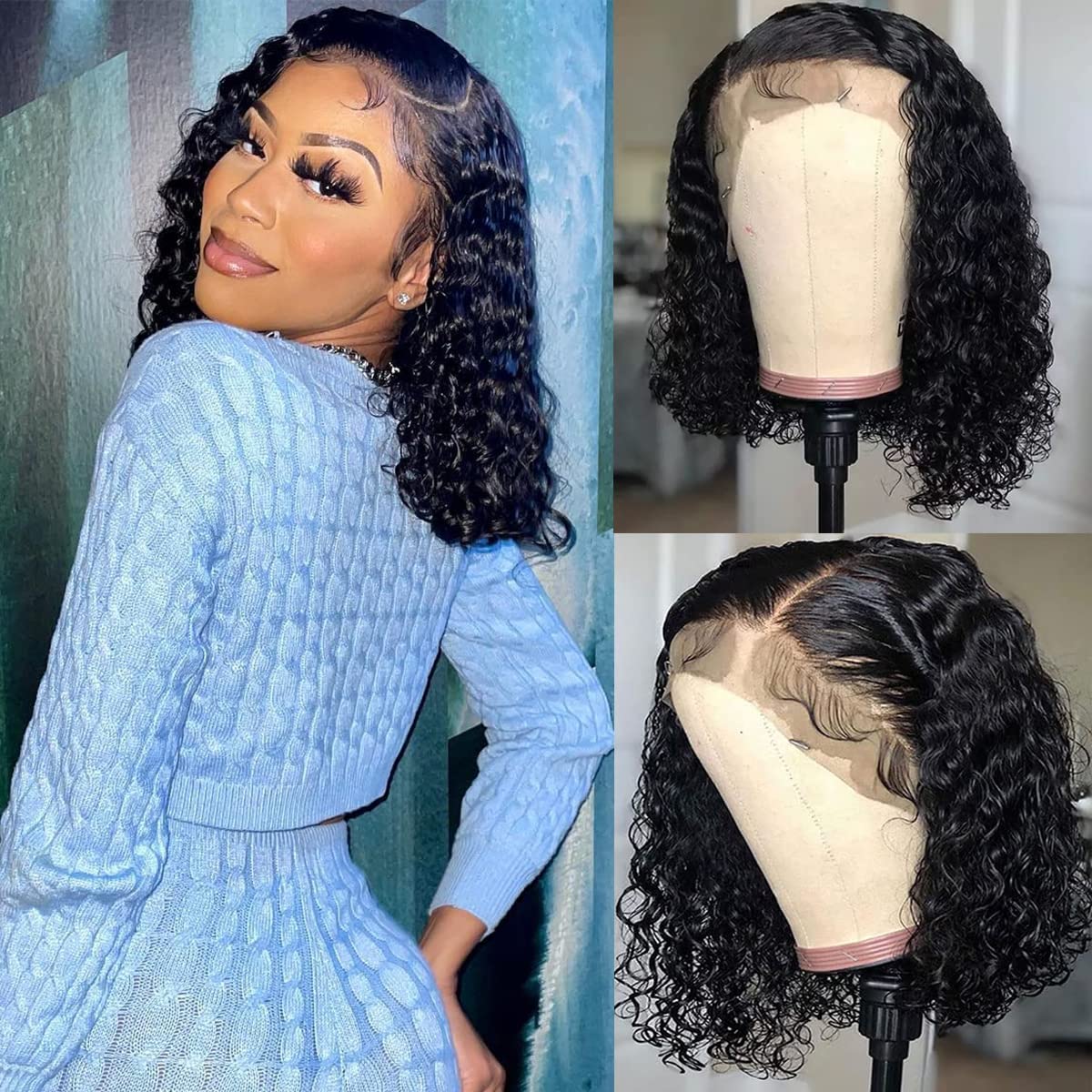 Amazon.com : LANQIHAIR Curly Bob Human Hair Wig 12 Inch Water Wave ...