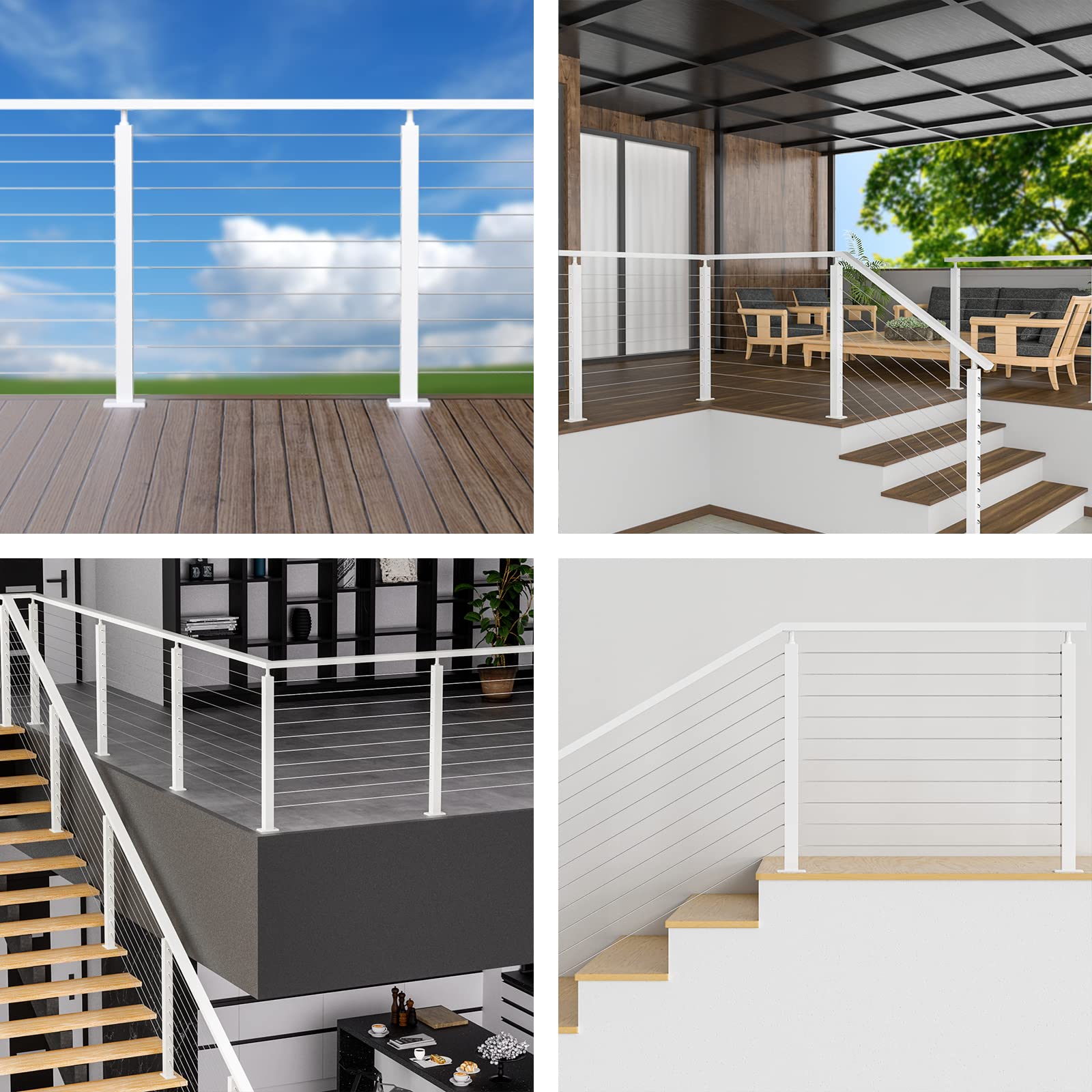 Muzata Level drilled White Cable Railing Post 36"x2"x2"Adjustable Top ...