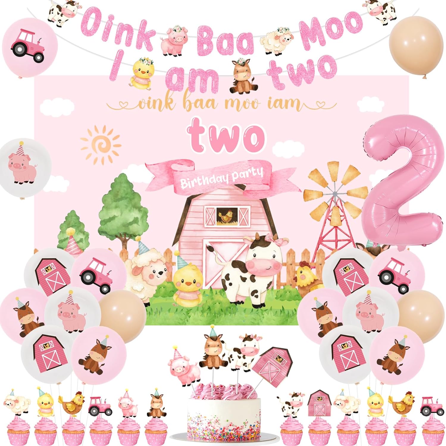 Amazon.com: Farm 2nd Birthday Decorations for Girl - Oink Baa Moo Im ...