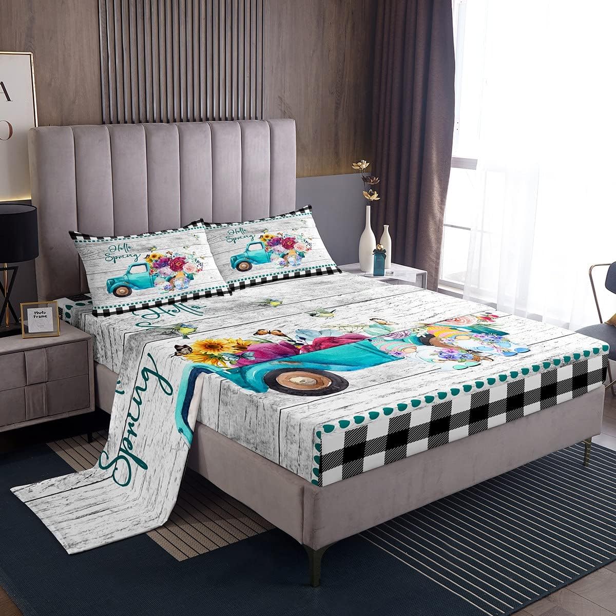Amazon.com: Truck Floral Bed Sheet Twin,Vintage Turquoise Cars Fitted ...