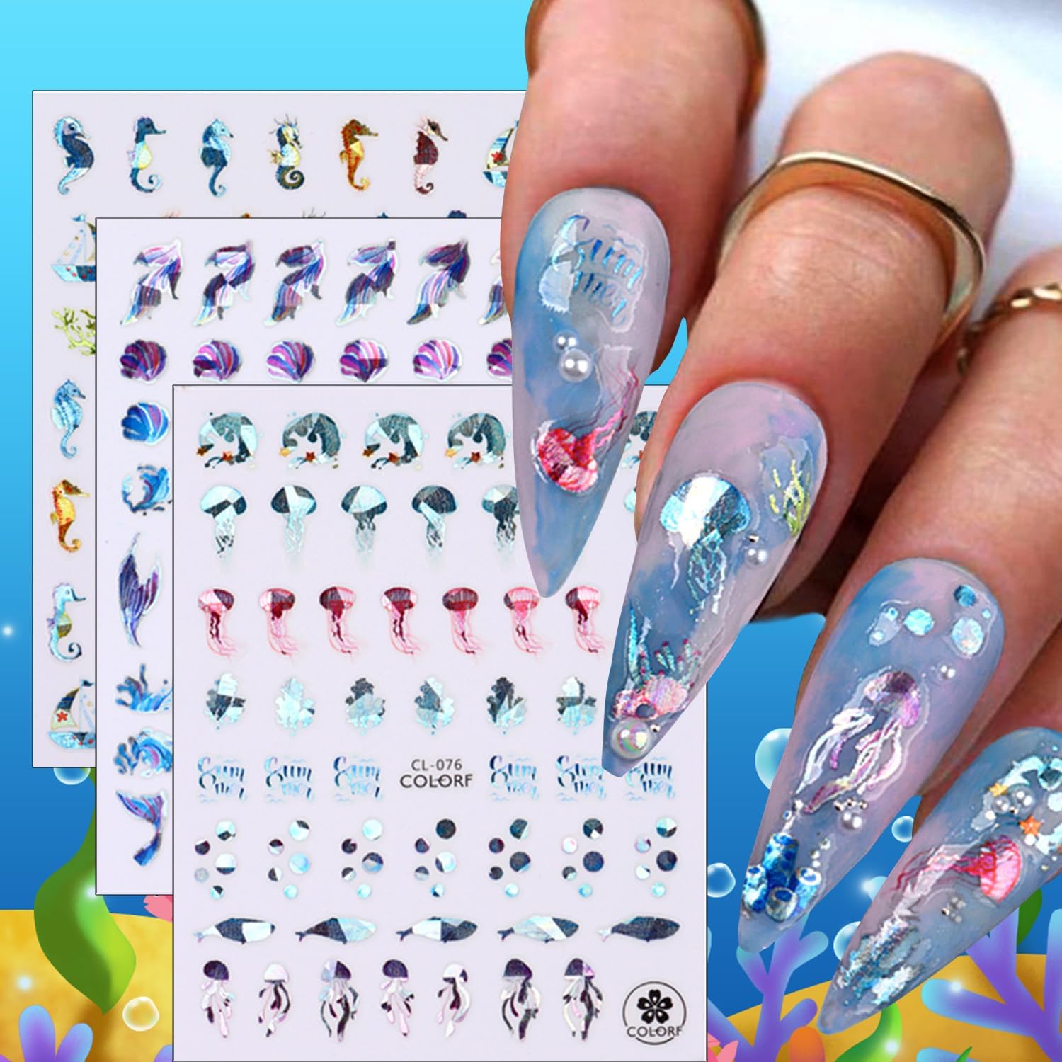 Amazon.com: 8 Sheets Summer Ocean Nail Art Stickers Decals Laser Self ...