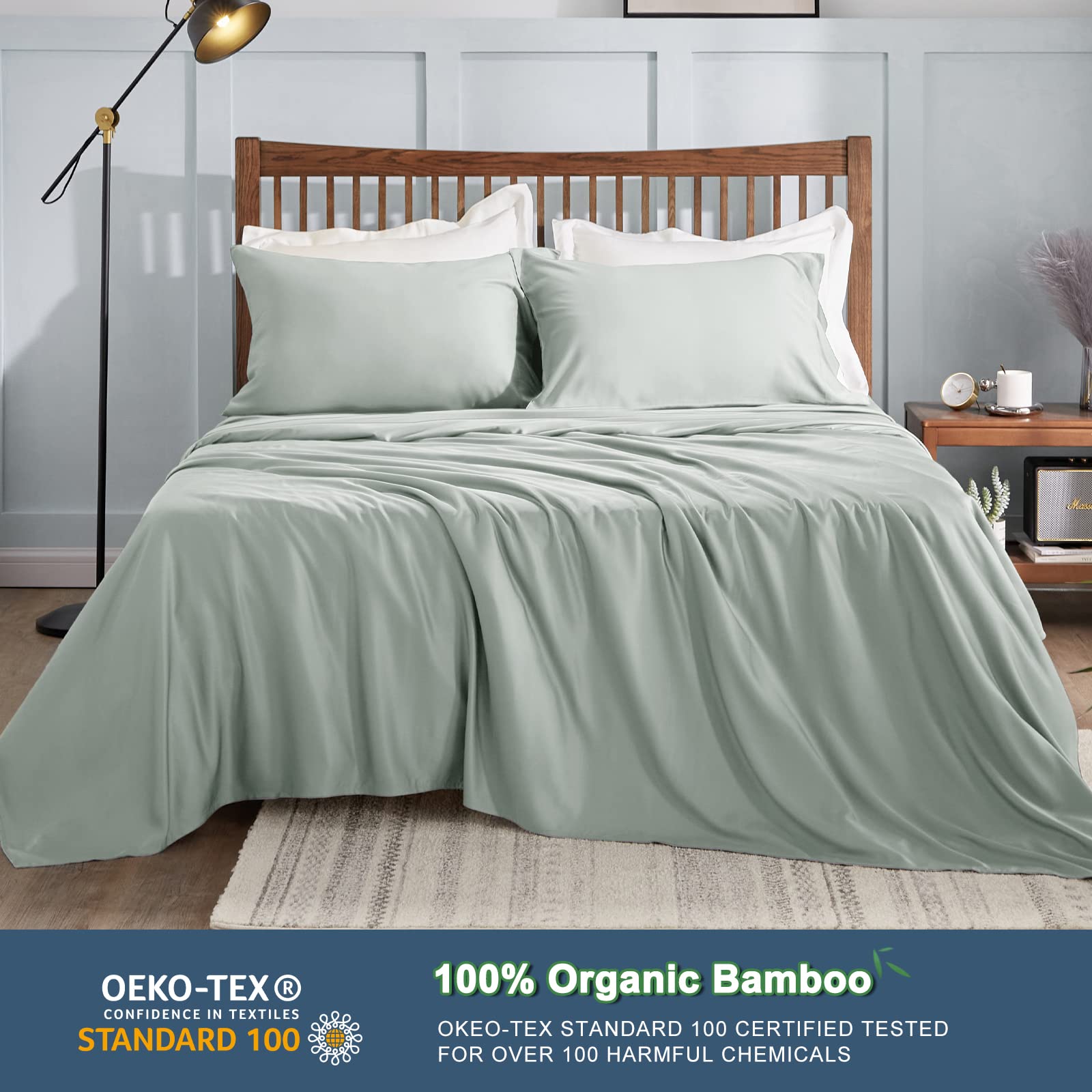 CozyLux 100% Organic Bamboo-Rayon Sheets King Size Light Green 300 ...