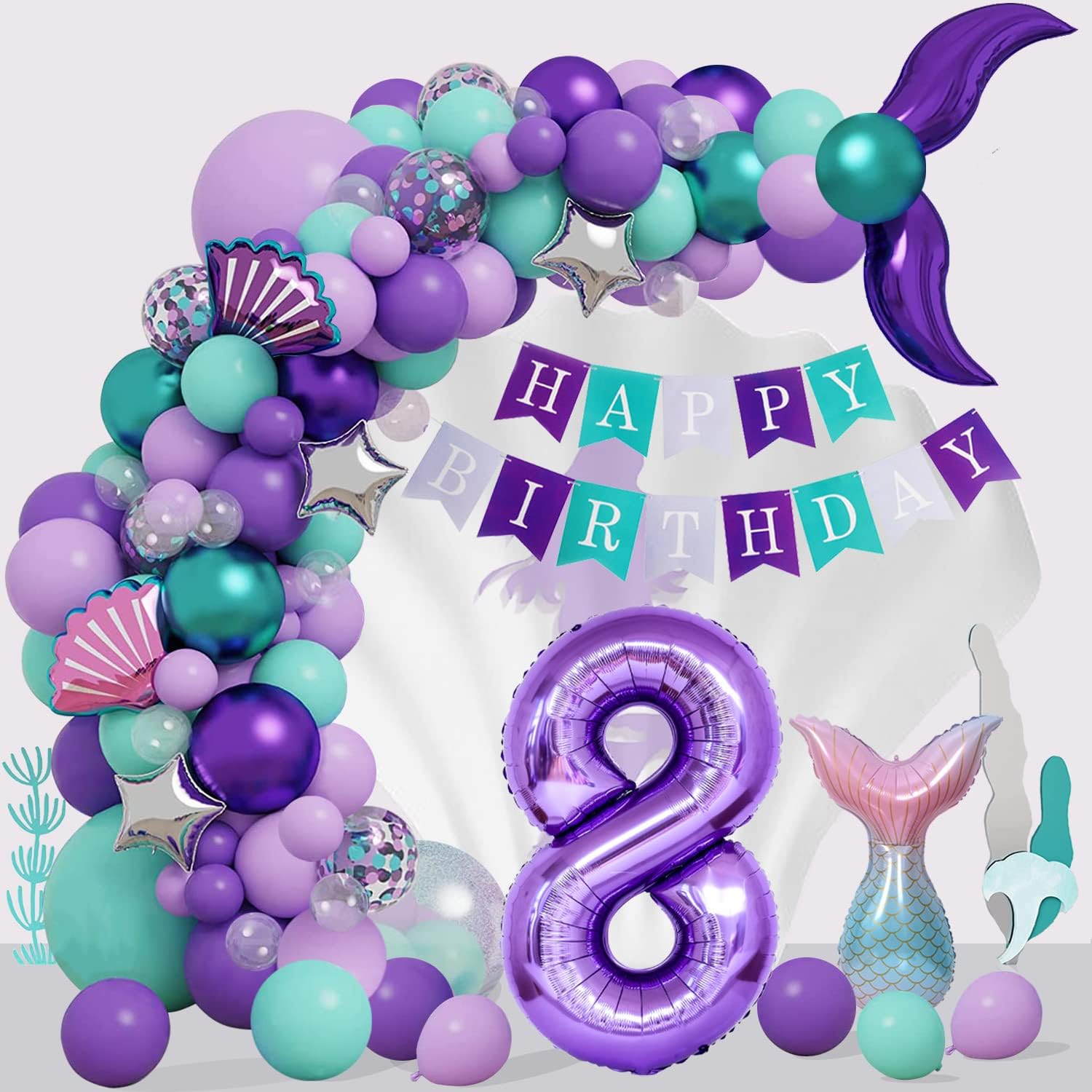 Mermaid 8th Birthday Party Decorations,124 Pcs Mermaid Tail Arch Party ...