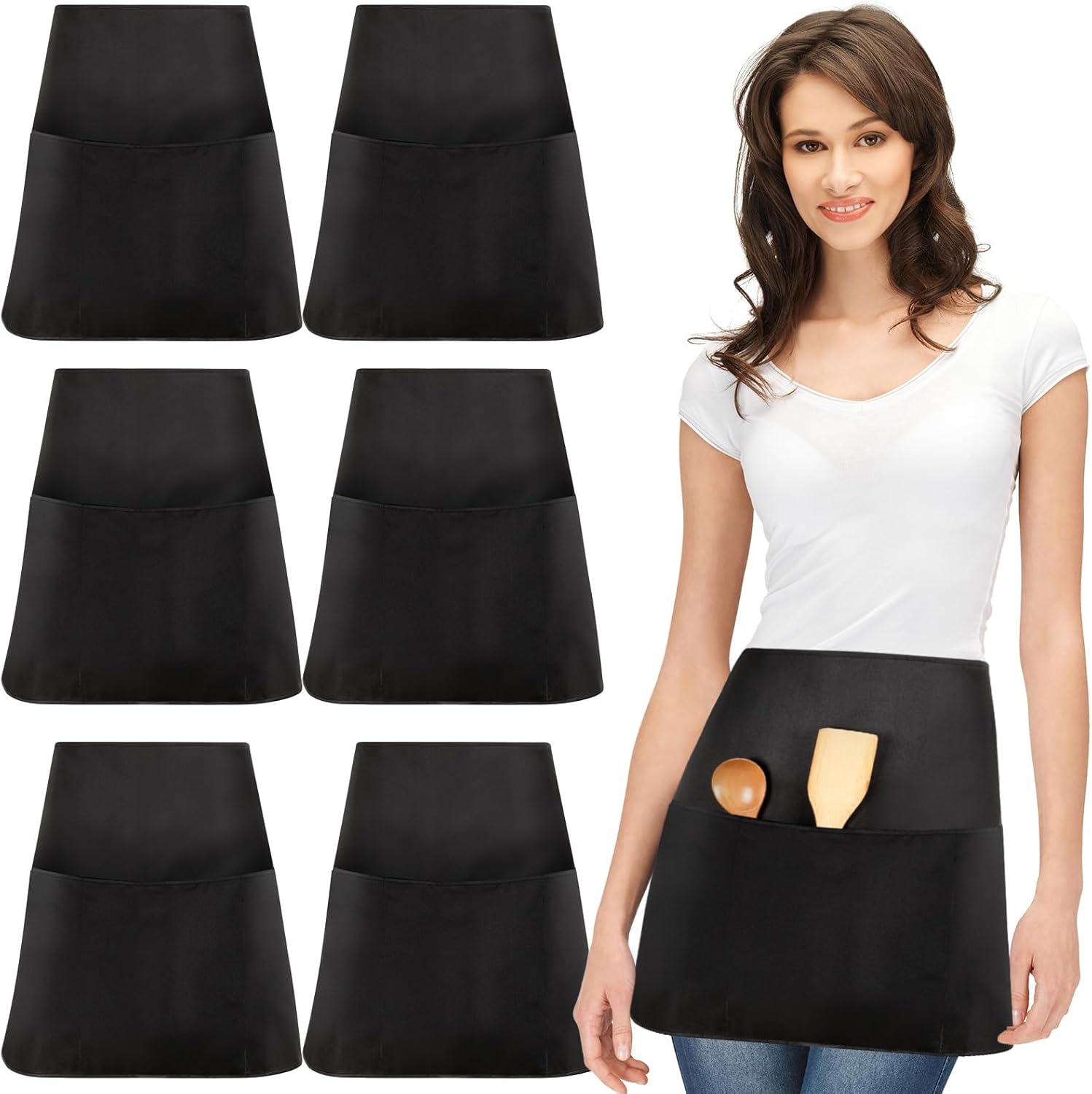 Geosar 6 Pieces Waist Apron Black Waiter Waitress Aprons with 3 Pockets ...