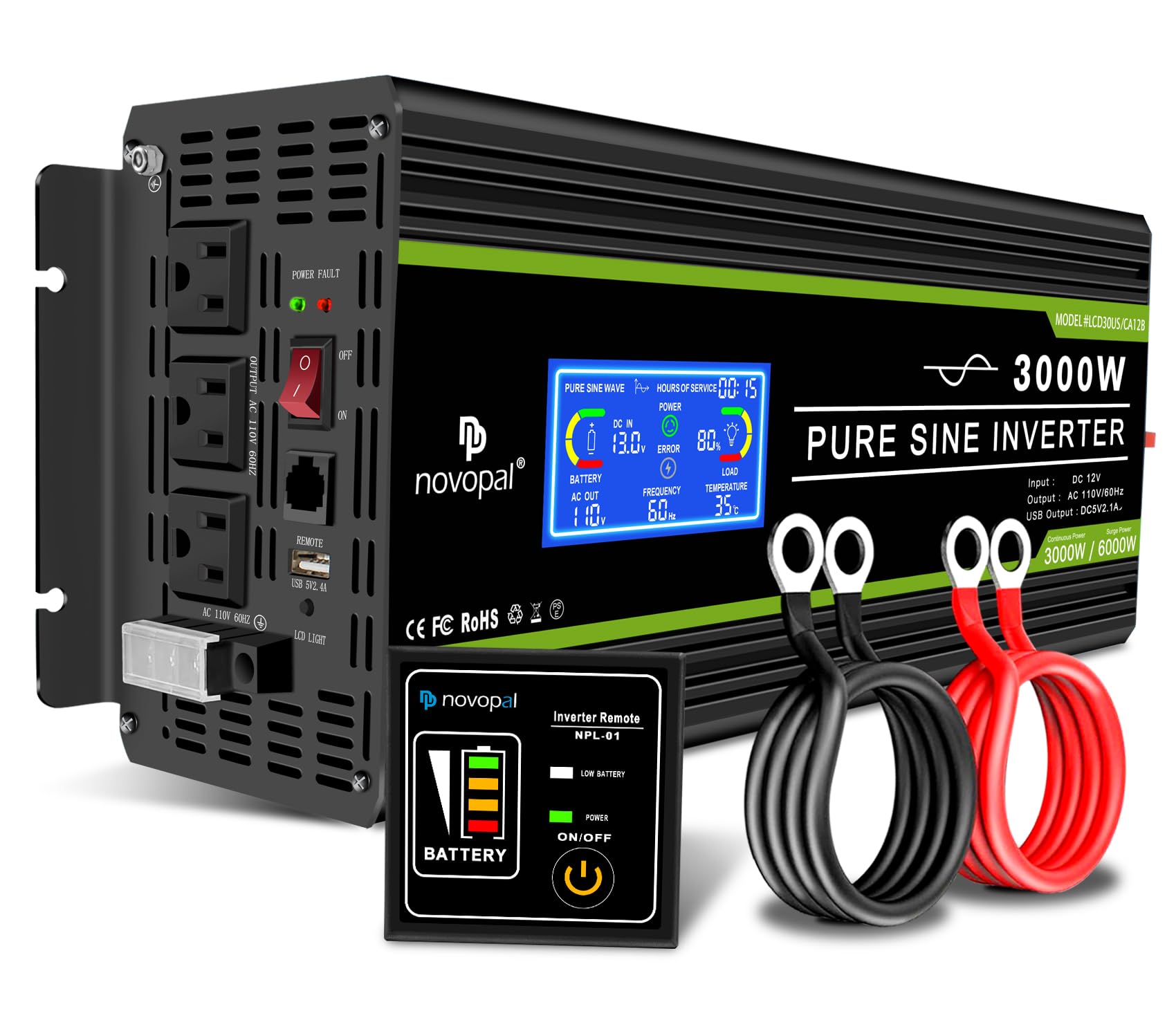 Amazon.com: NOVOPAL 3000 Watt Pure Sine Wave Power Inverter DC 12V to ...