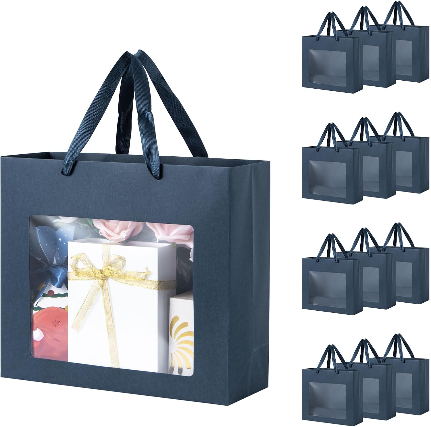 Amazon.com: Sdootjewelry 12 Pack Navy Blue Gift Bag with Transparent ...