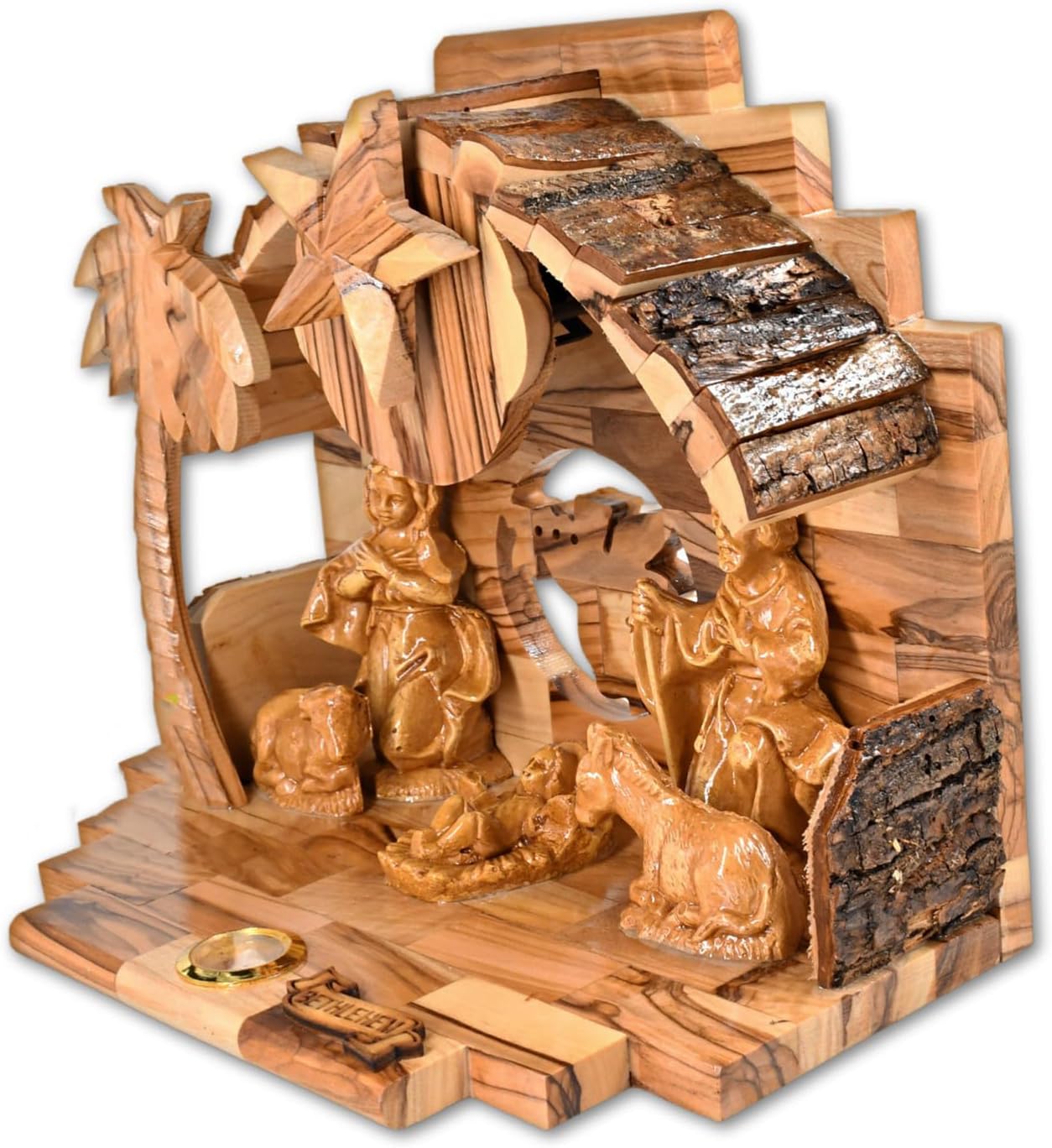 Amazon.com: Generic Wooden Nativity Set with Bark Roof Made of Olive ...