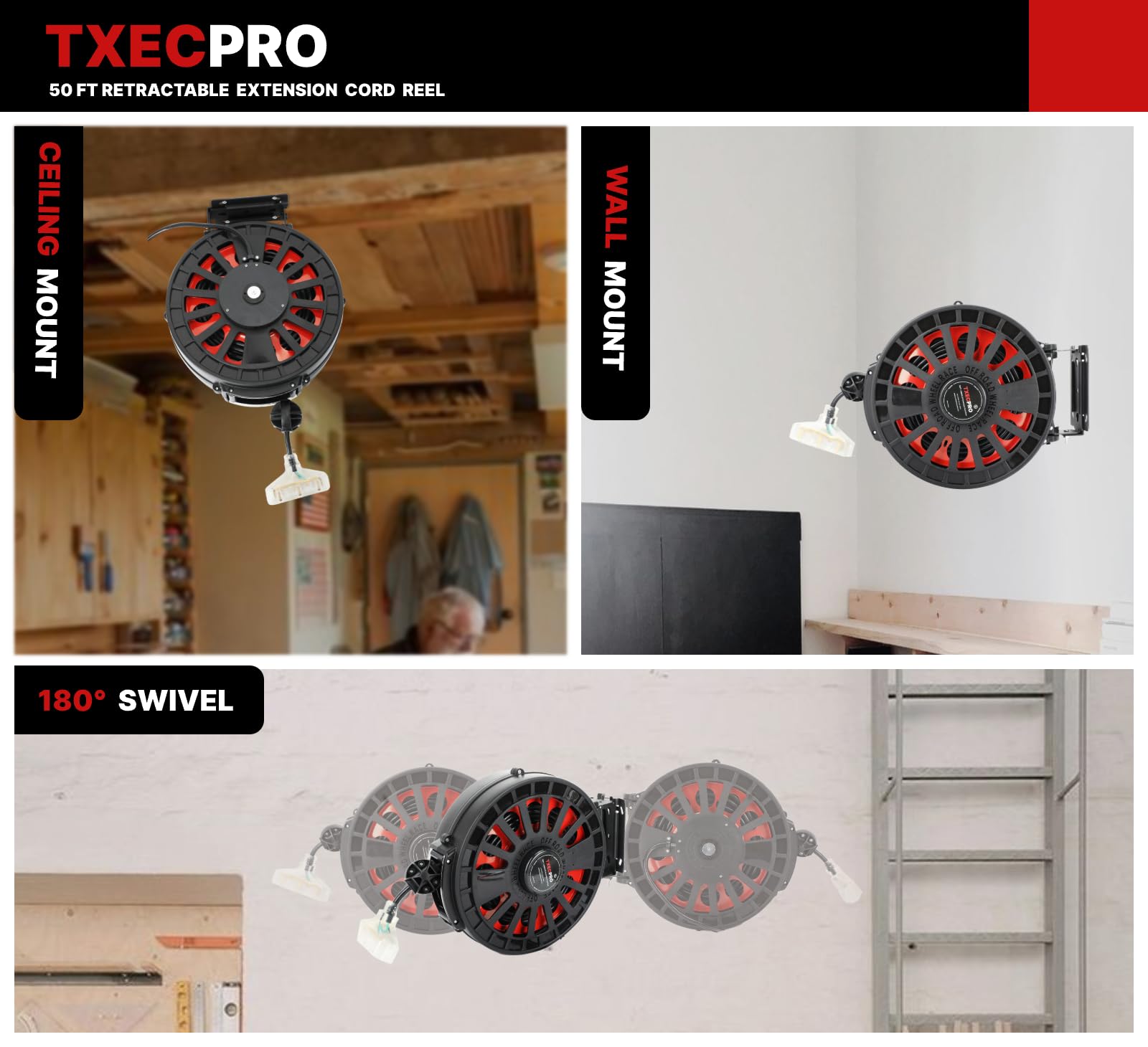 Retractable Extension Cord Reel 50 FT Heavy Duty 14AWG/3C SJTOW Power ...