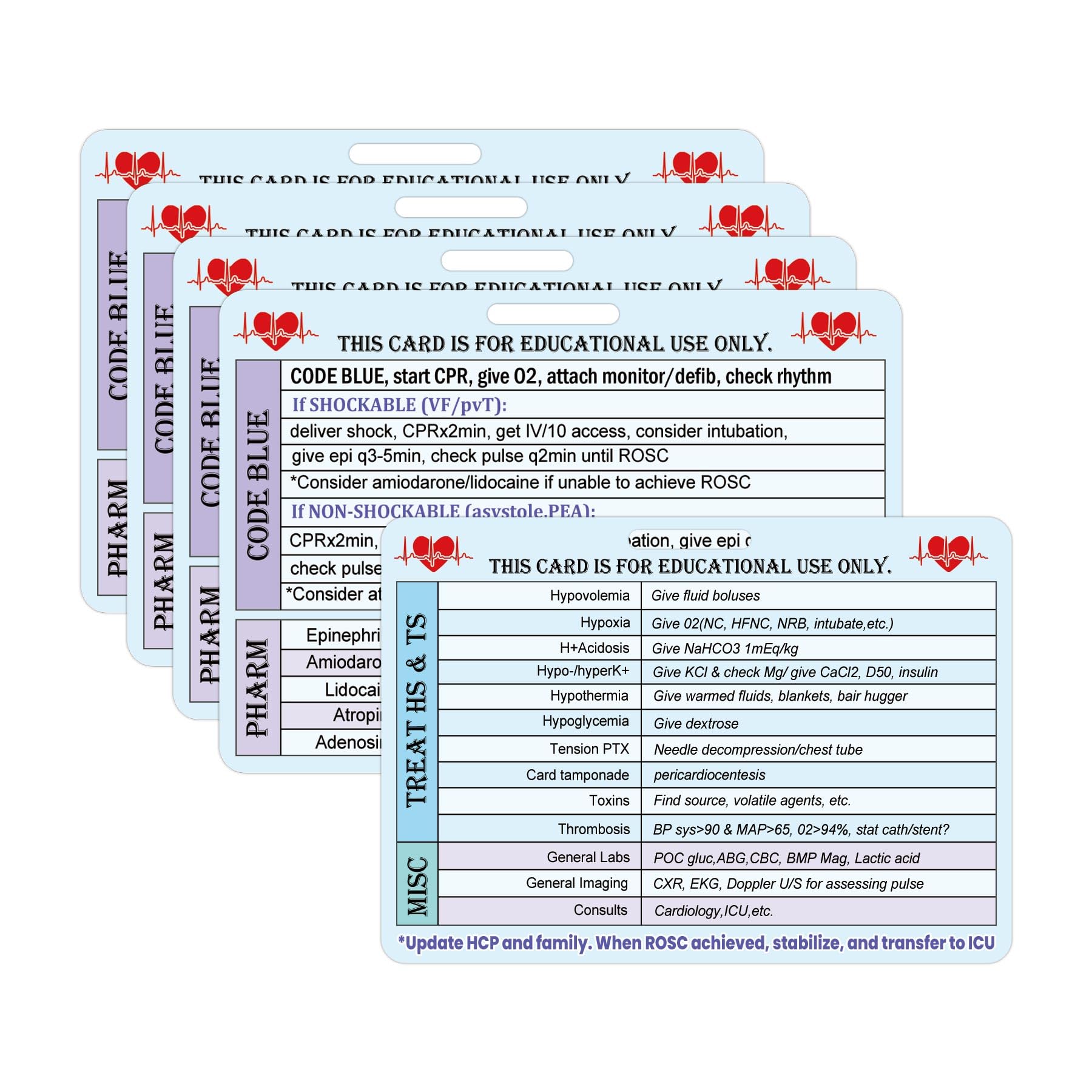 5 Pack ACLS Reference Card Heart CPR Code Blue EMT/RN/MD Cards for Medical – 2.9 x 4.1 Inch ACLS ...