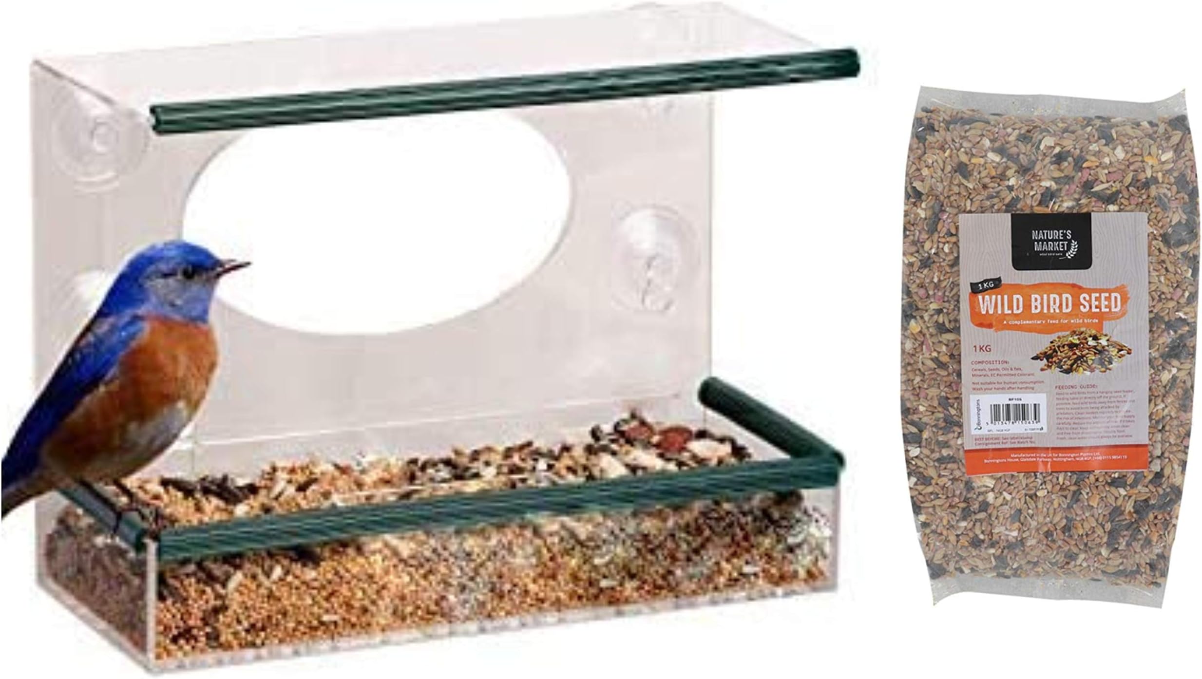 Garden Mile Window Bird Feeder with 1 kg Bag of Bird Food - Clear ...