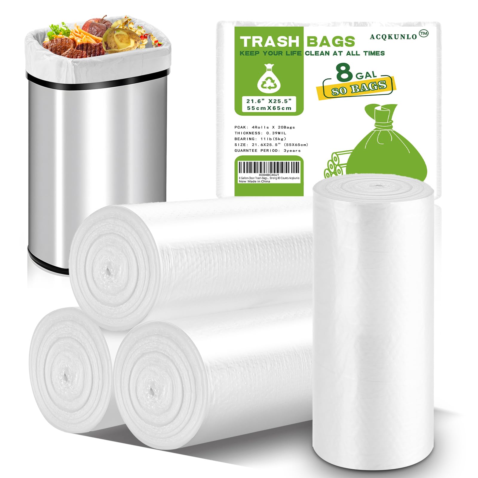 Amazon.com: 8 Gallon-Clear-Trash-Bags Tall Kitchen Garbage Bag - Large ...