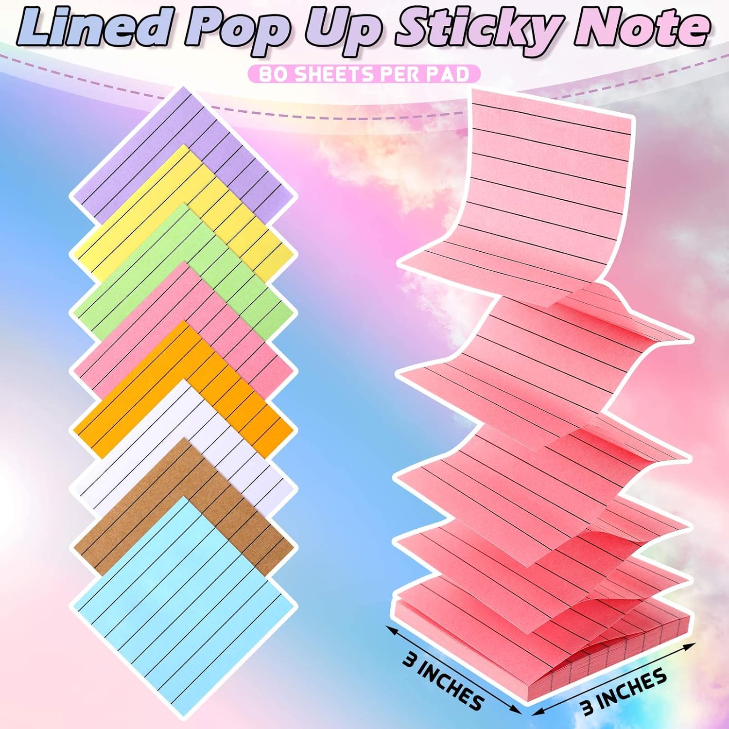 Buy 8 Pads Pop up Sticky Notes with Lines 3 x 3 Inches, 8 Pastel Colors ...