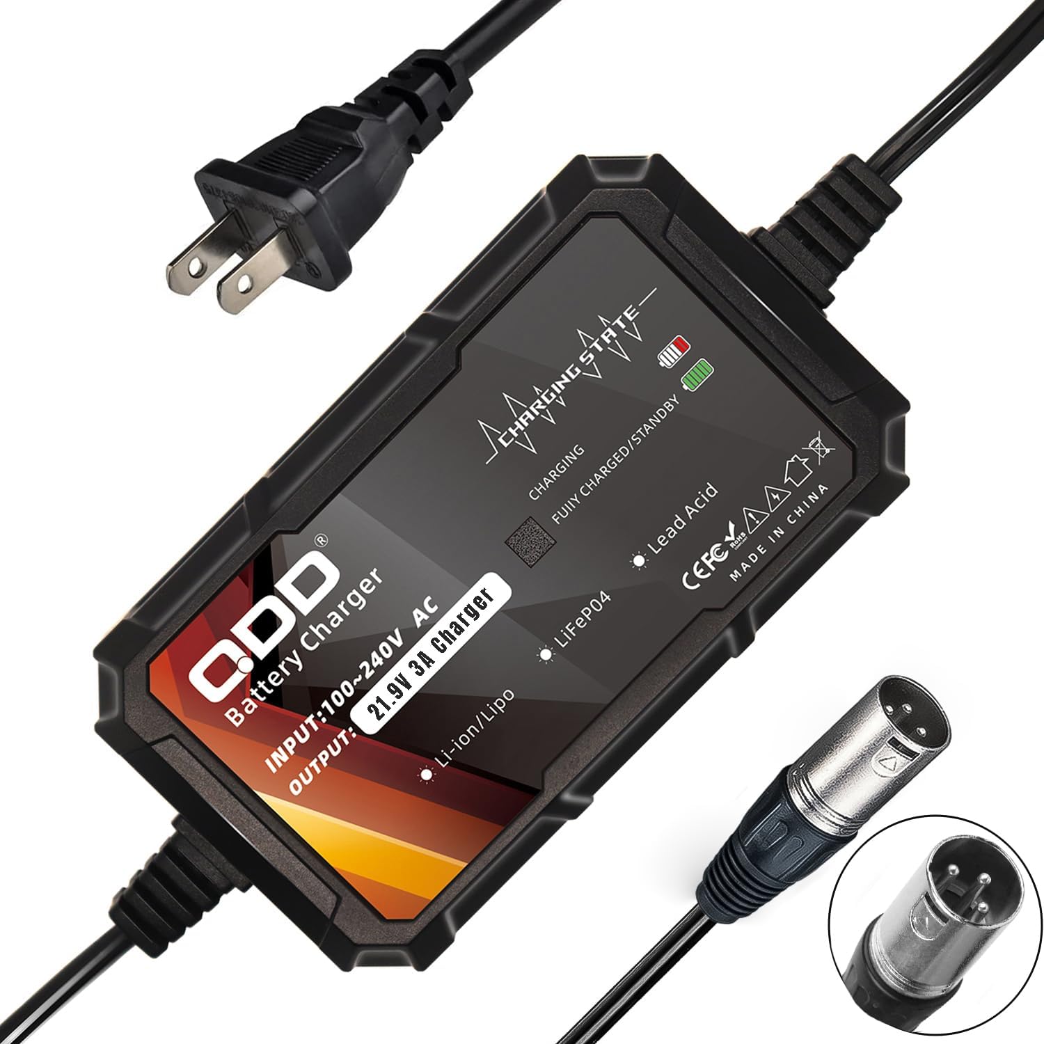 Amazon.com: QDD 21.9V 3Amp Lithium LiFePO4 Battery Charger with XLR 1+2 ...