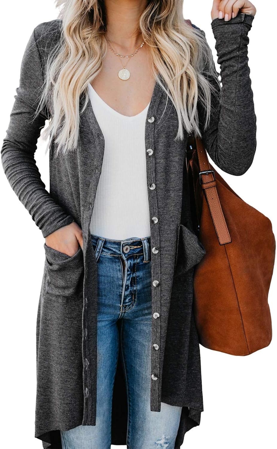 KISSMODA Grey Knit Lightweight Cardigans for Women Long Sleeves Sweater ...