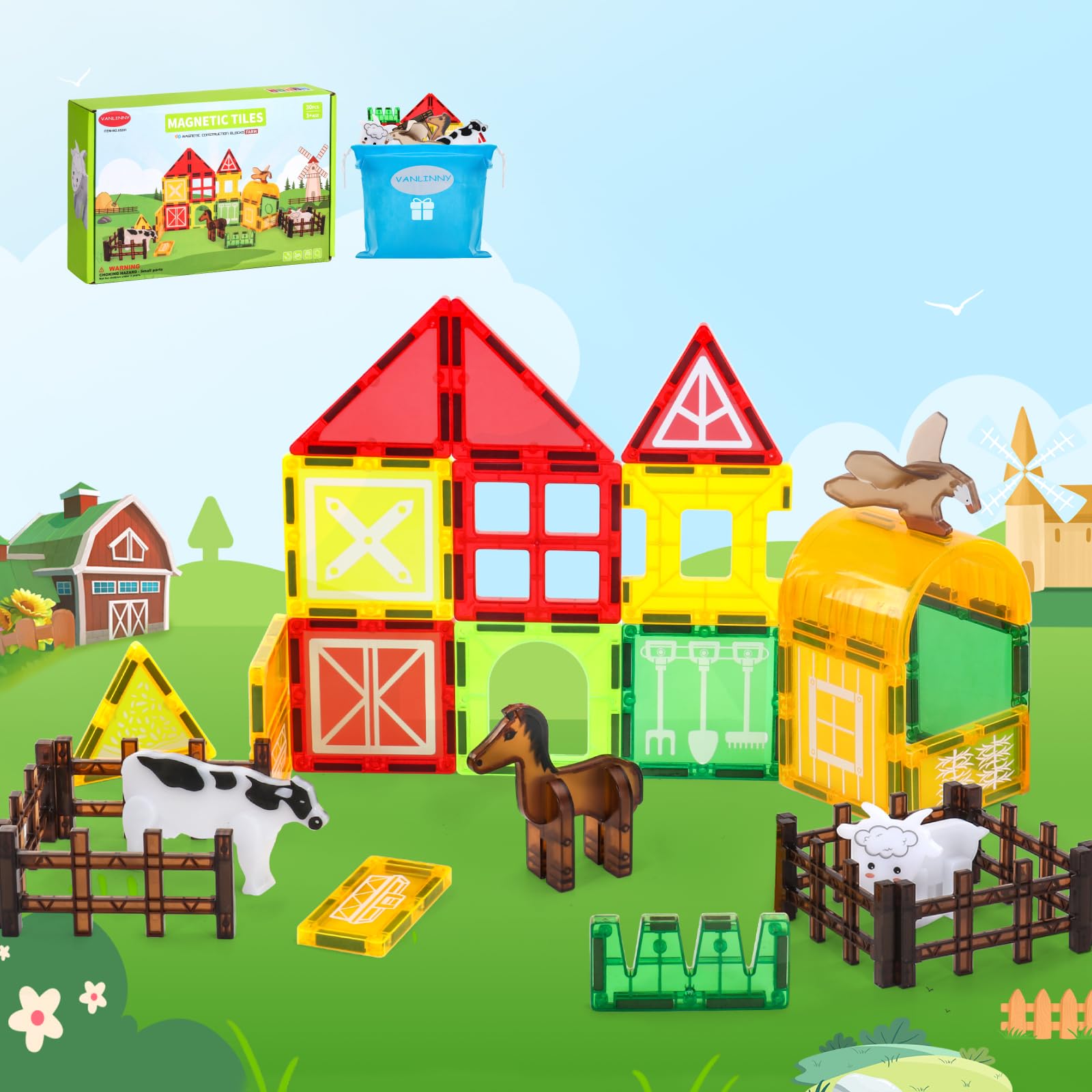 VANLINNY Magnetic Tiles for Kids, Farm Animals Toys for Toddlers ...