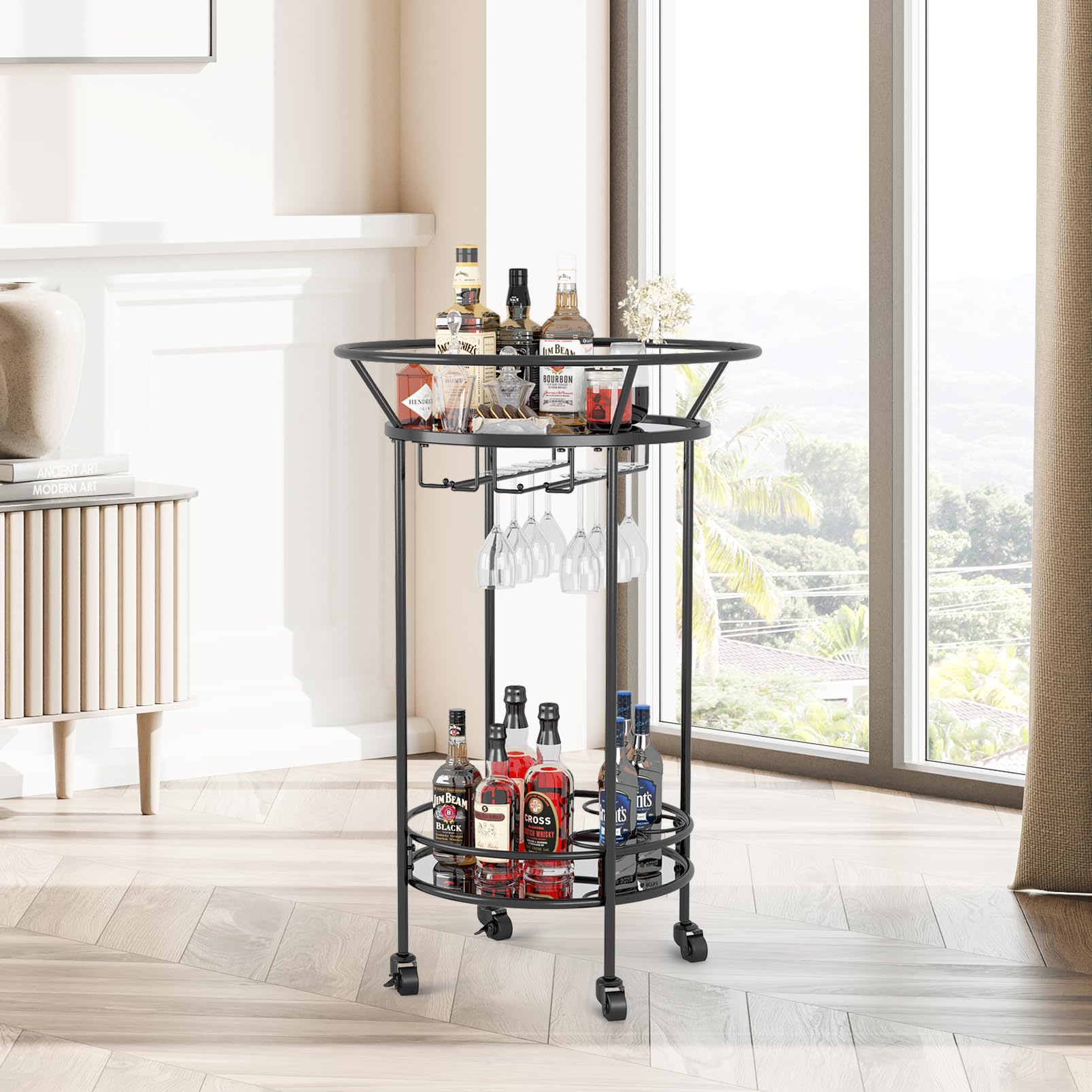 Amazon.com - FLORA Round Black Rolling Bar Cart Wine Rack and Lockable ...