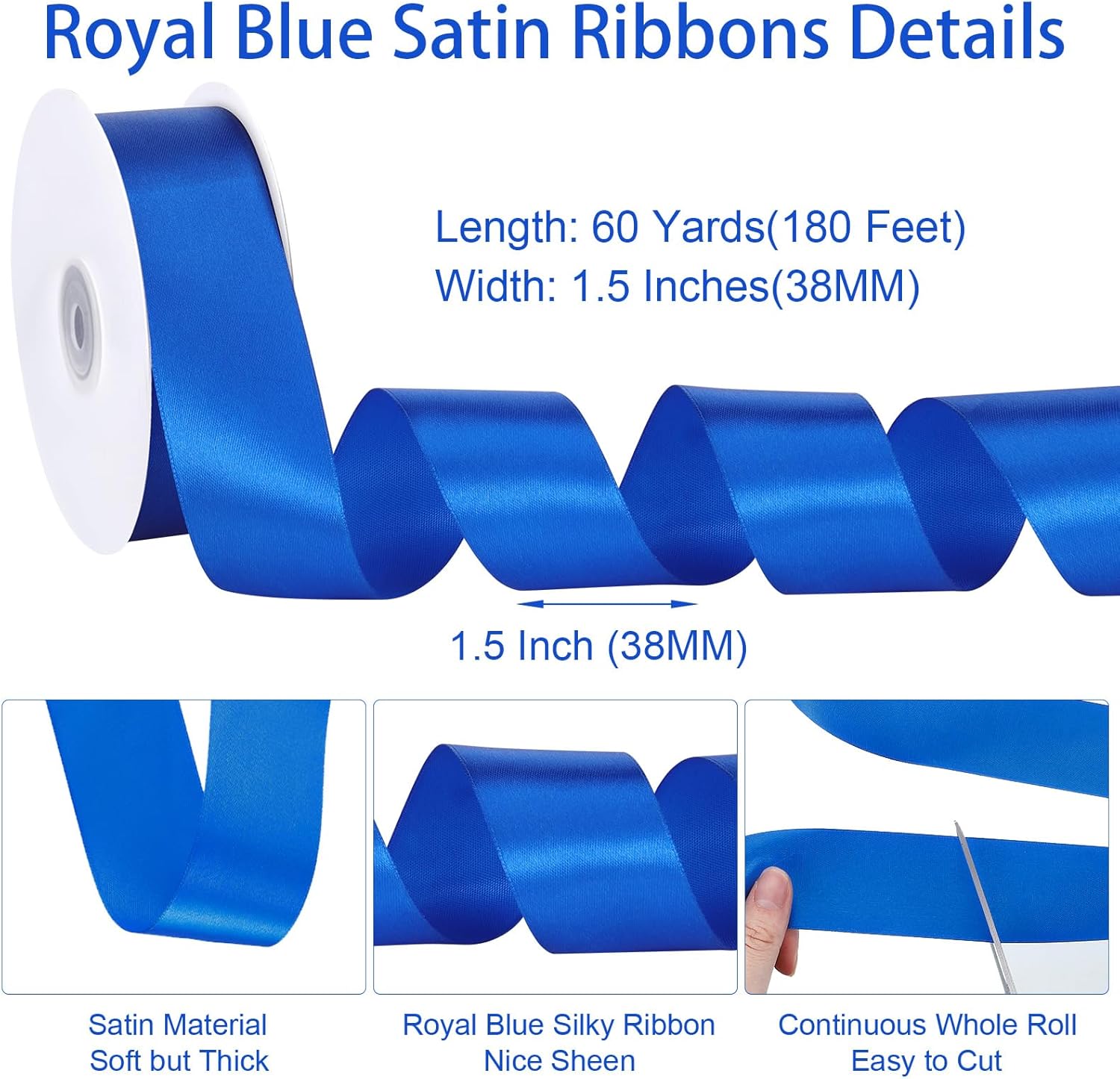 60 Yards Royal Blue Ribbon 1-1/2 inch Blue Satin Ribbon for Gift ...