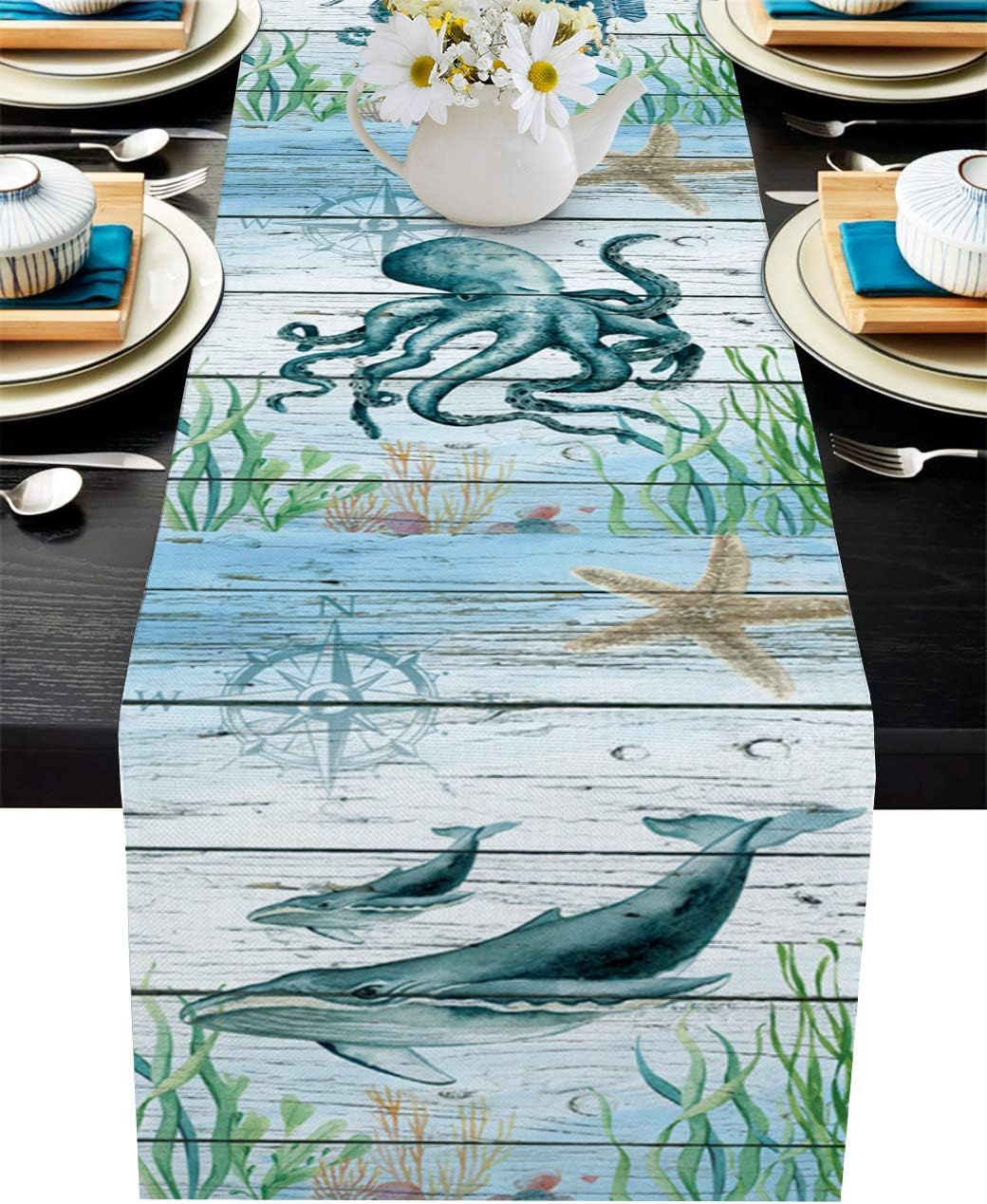 Amazon.com: Kitchen Decor Table Runner Beach Themed Coastal Blue Sea ...