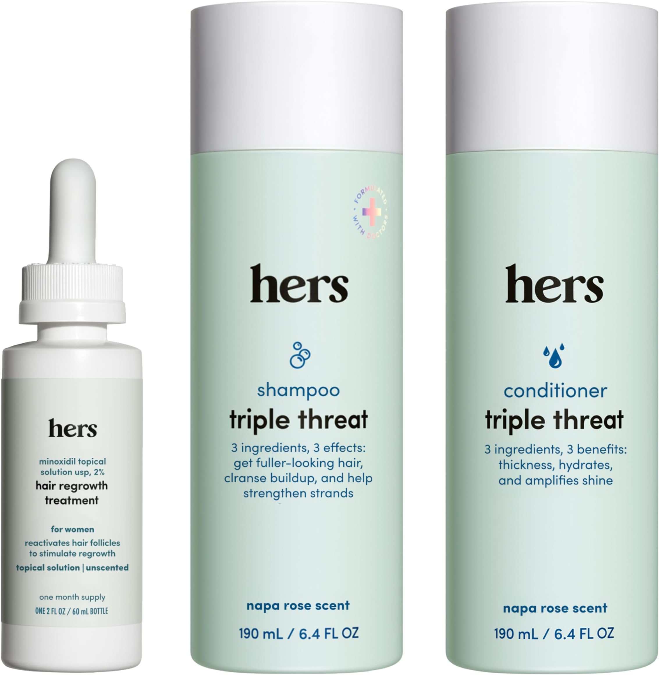 Amazon.com : hers Triple Threat Shampoo, Conditioner and Minoxidil Set ...