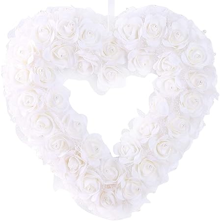 Amazon.com: Landy 12-Inch Rose Flower Heart Wreath with Silk Ribbon ...