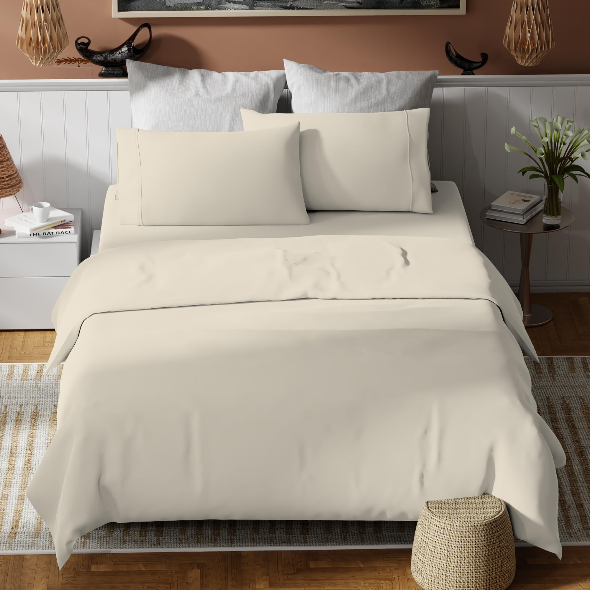 Color Sense Ivory 100% Cotton Sheets for Queen Size Bed, Ultra Soft 4 ...