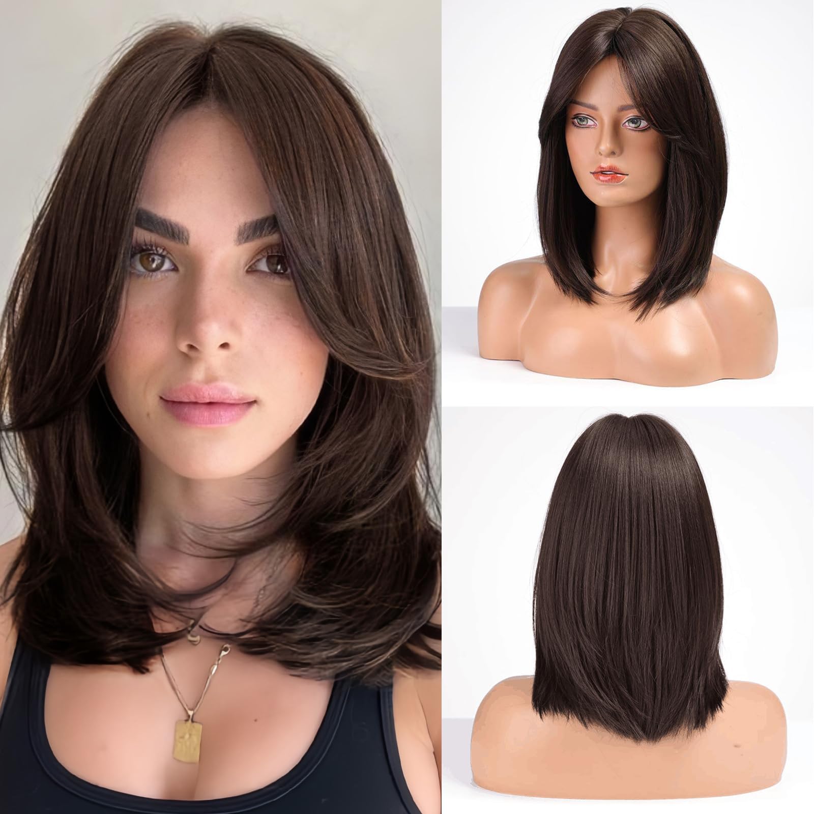 Amazon.com: ALANHAIR Dark Brown Wigs for Women Brown Wig with Curtain ...