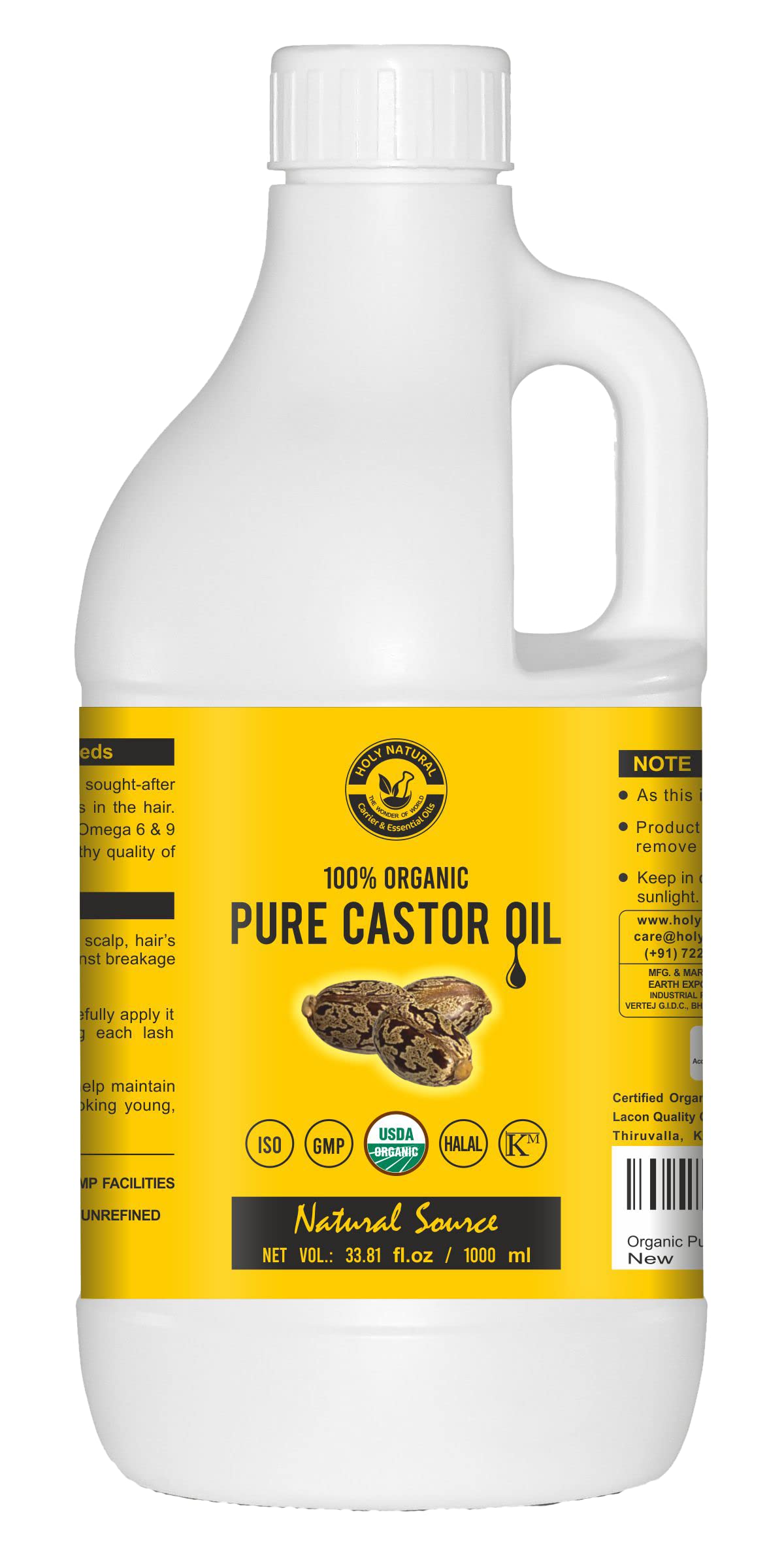 Buy Holy Natural Castor Oil (1000 ML) USDA Certified Cold-Pressed, 100% ...
