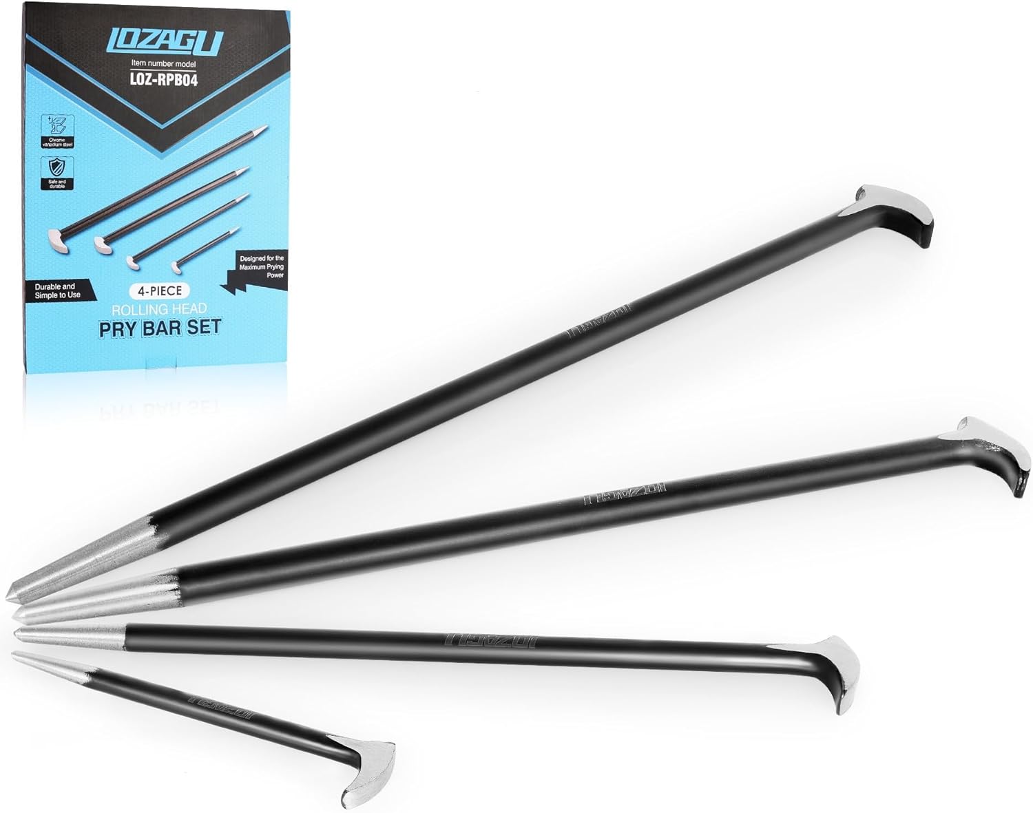 LOZAGU 4-Piece Rolling Head Pry Bar Set for Garages, Heavy Duty Pry Bar ...