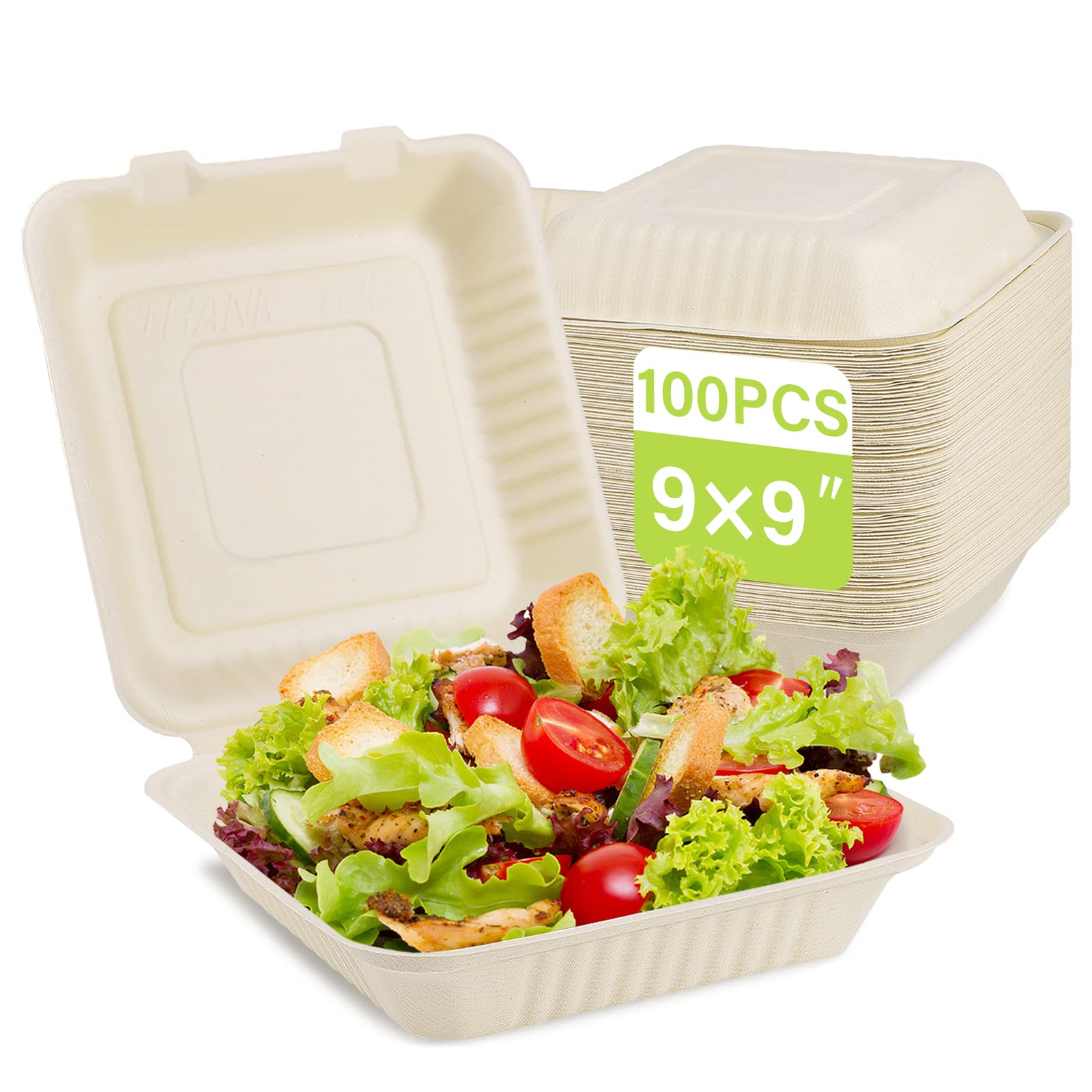 Amazon.com: greensight Clamshell Take Out Food Container 100 Pack, 9X9 ...