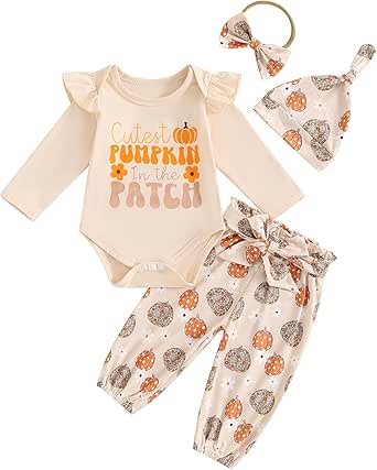 Amazon.com: Newborn Baby Girl Halloween Outfit Ruffle Sleeve Pumpkin Face Romper Long Pants ...