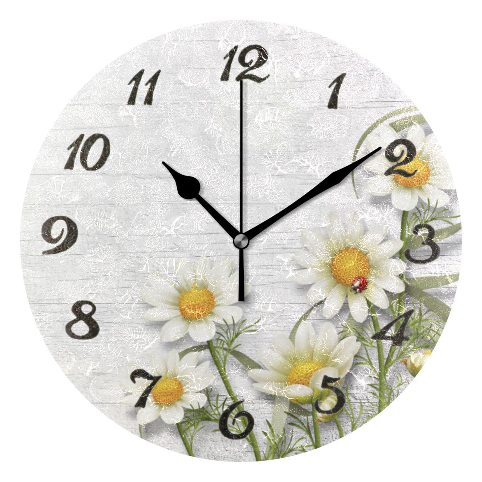 Amazon.com: susiyo Daisy Chamomile Flowers on Wooden Texture Wall Clock ...