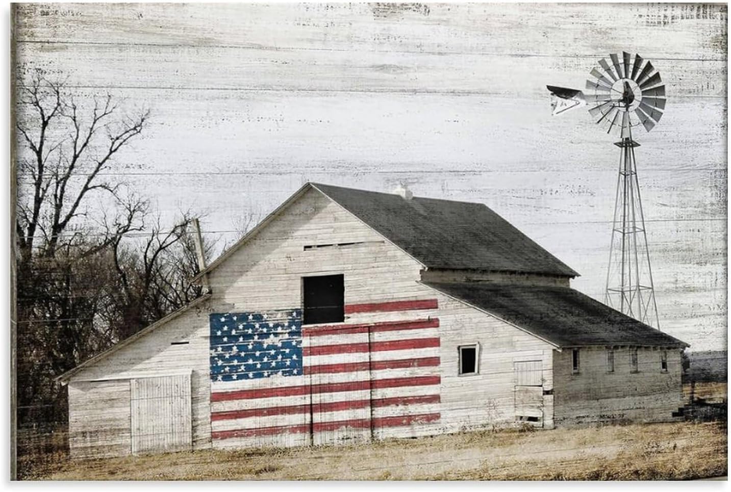 Amazon.com: Black And White Farmhouse Barn American Flag Wall Art ...