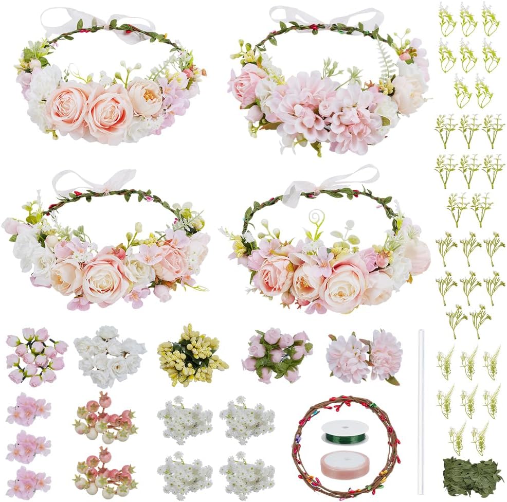 Amazon.com: ACRNIGHEET 4 Sets DIY Flower Crown Kit, White and Pink ...