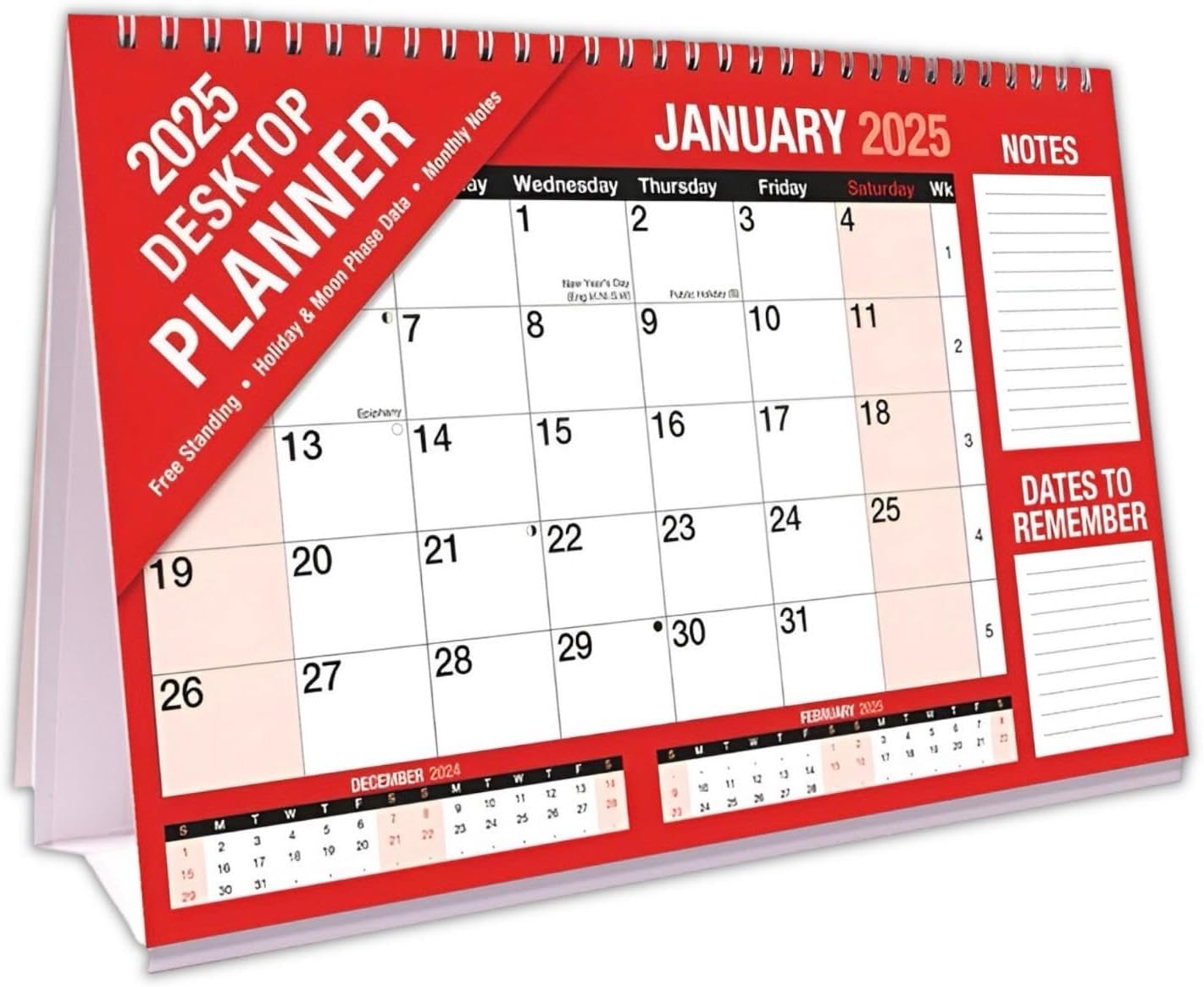 2025 Month To View Desktop Planner Red And White Calendar For Home ...