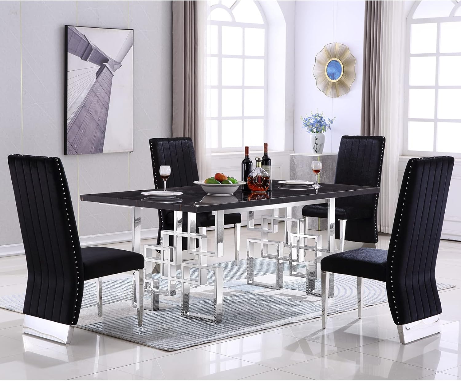 Amazon.com - AZhome 7-Piece Black and Silver Dining Table Set for 6 ...