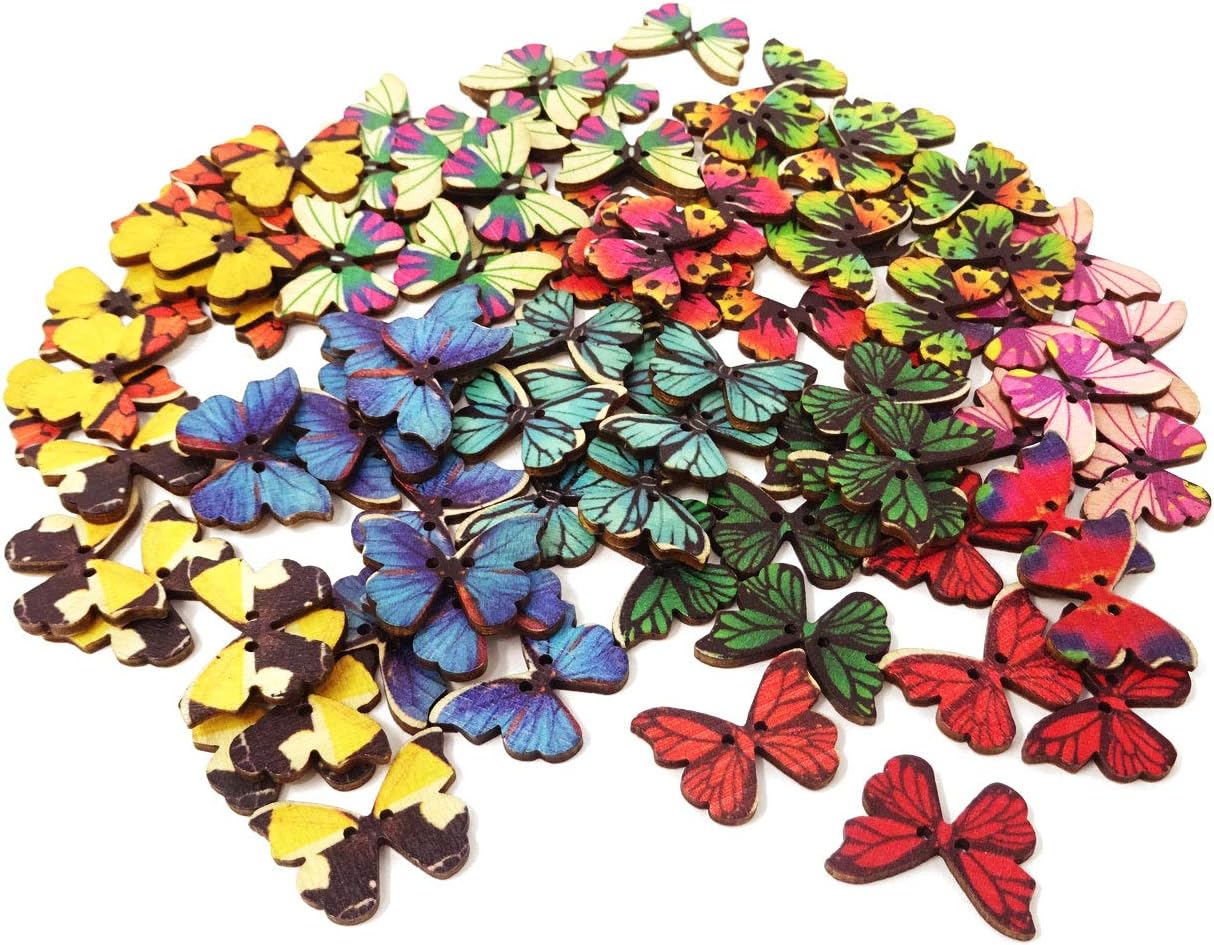 Amazon.com: FINGOOO 100 PCS Butterfly Wooden Buttons,1 Inch Colorful 2 ...