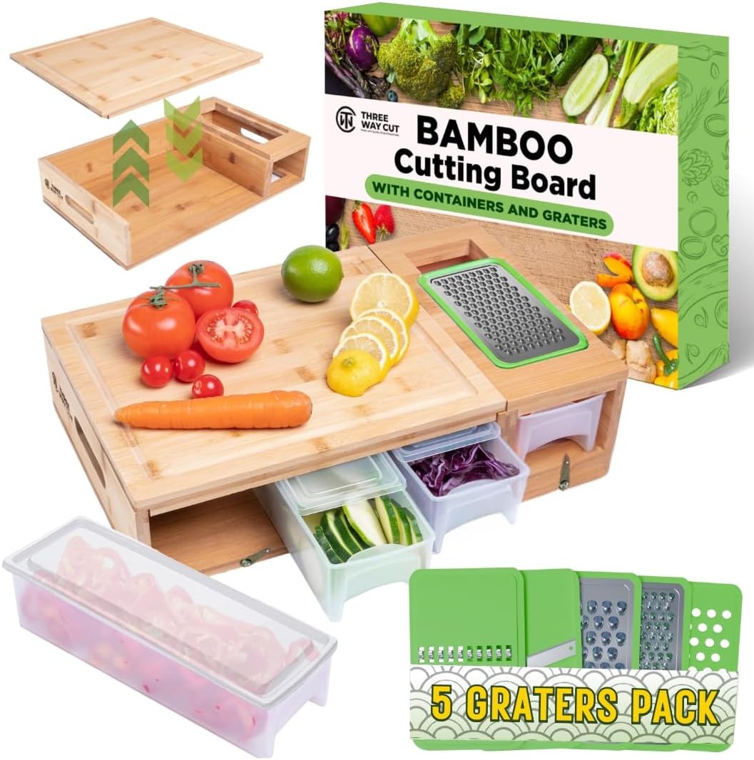 Amazon.com: Bamboo Cutting Board With Containers & 5 Graters- Meal Prep ...