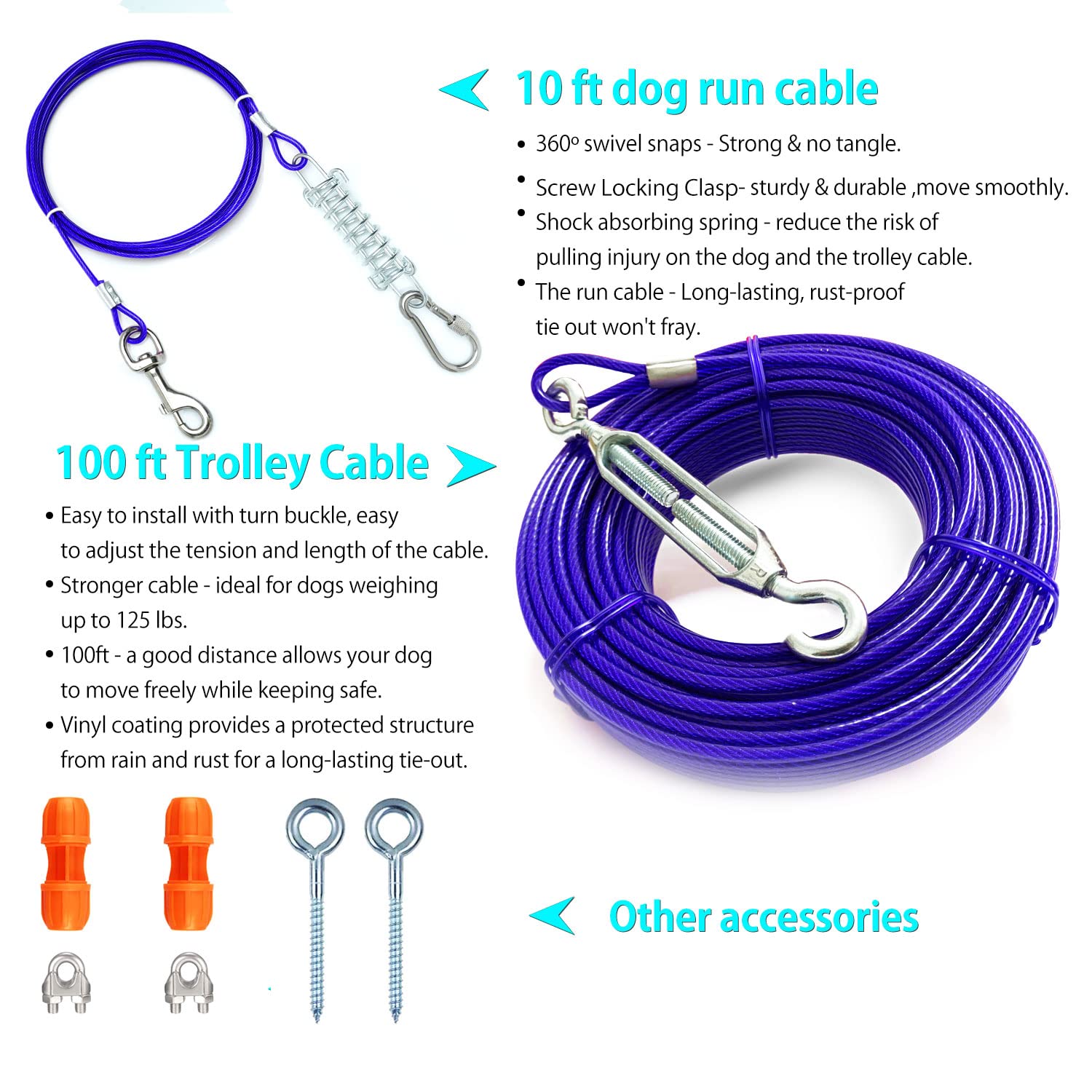 Electrical Wire Dog Runs Retractable Dog Tie Out Cable, Retractable