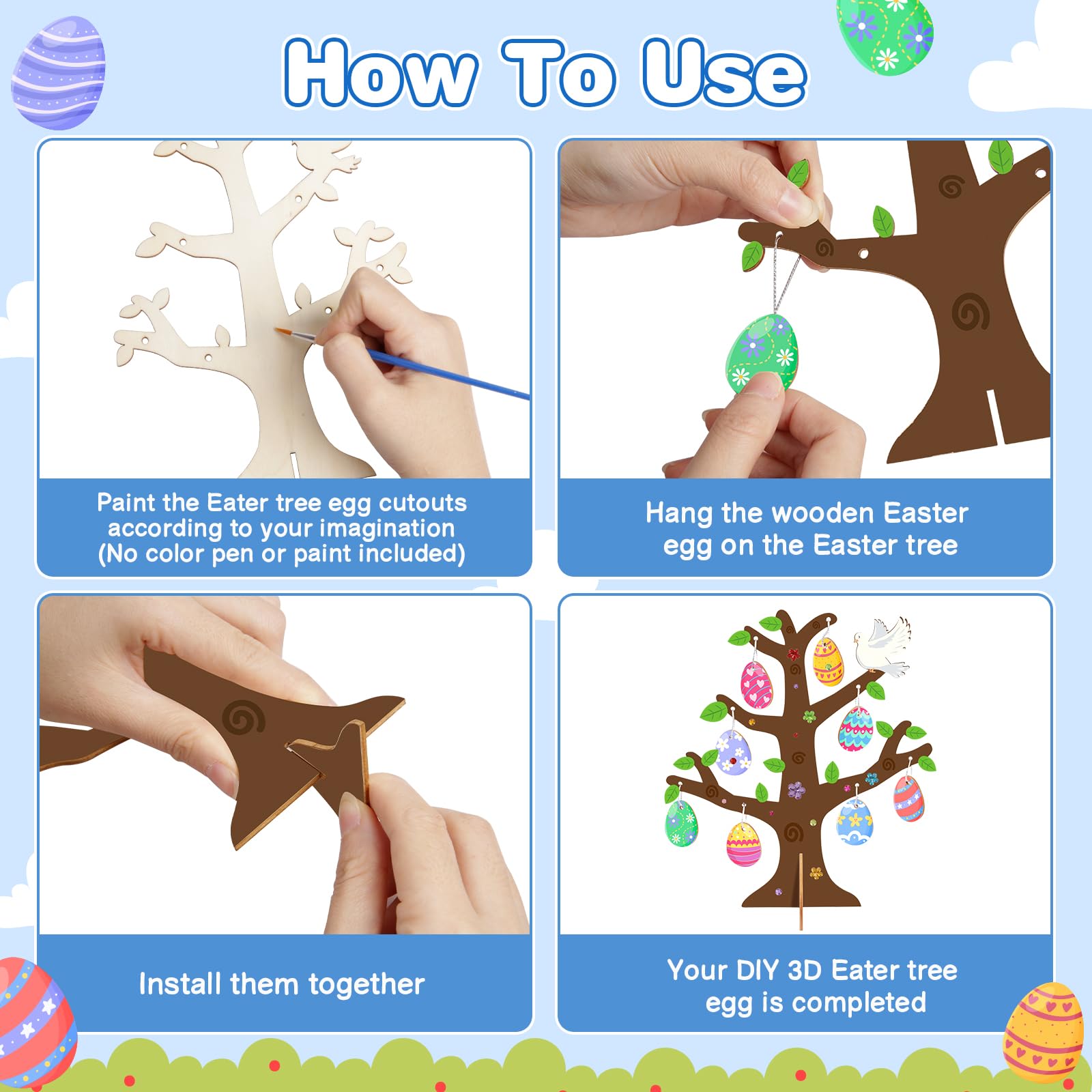 Snapklik.com : Fennoral 6 Pack 3D Wooden Easter Egg Tree Craft Kit For Kids