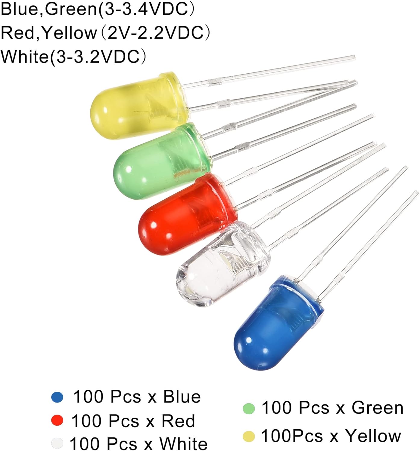 PATIKIL 5mm x 5 Colors LED Diode Lights, 500Pcs Light Emitting Diode ...