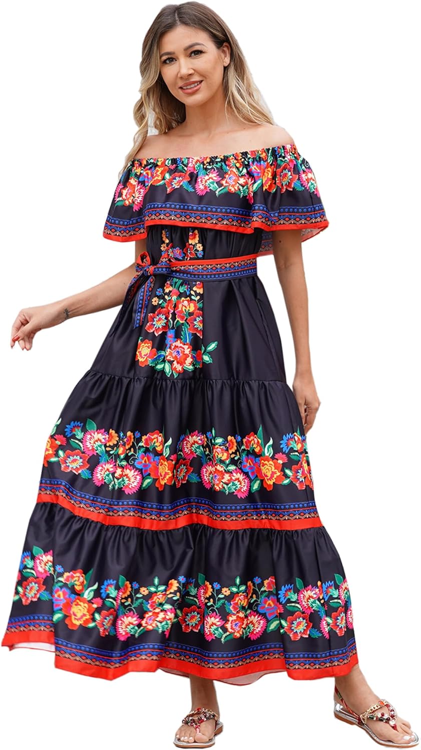 Women Mexican Dress Off Shoulder Floral Long Maxi Dress Summer Beach ...