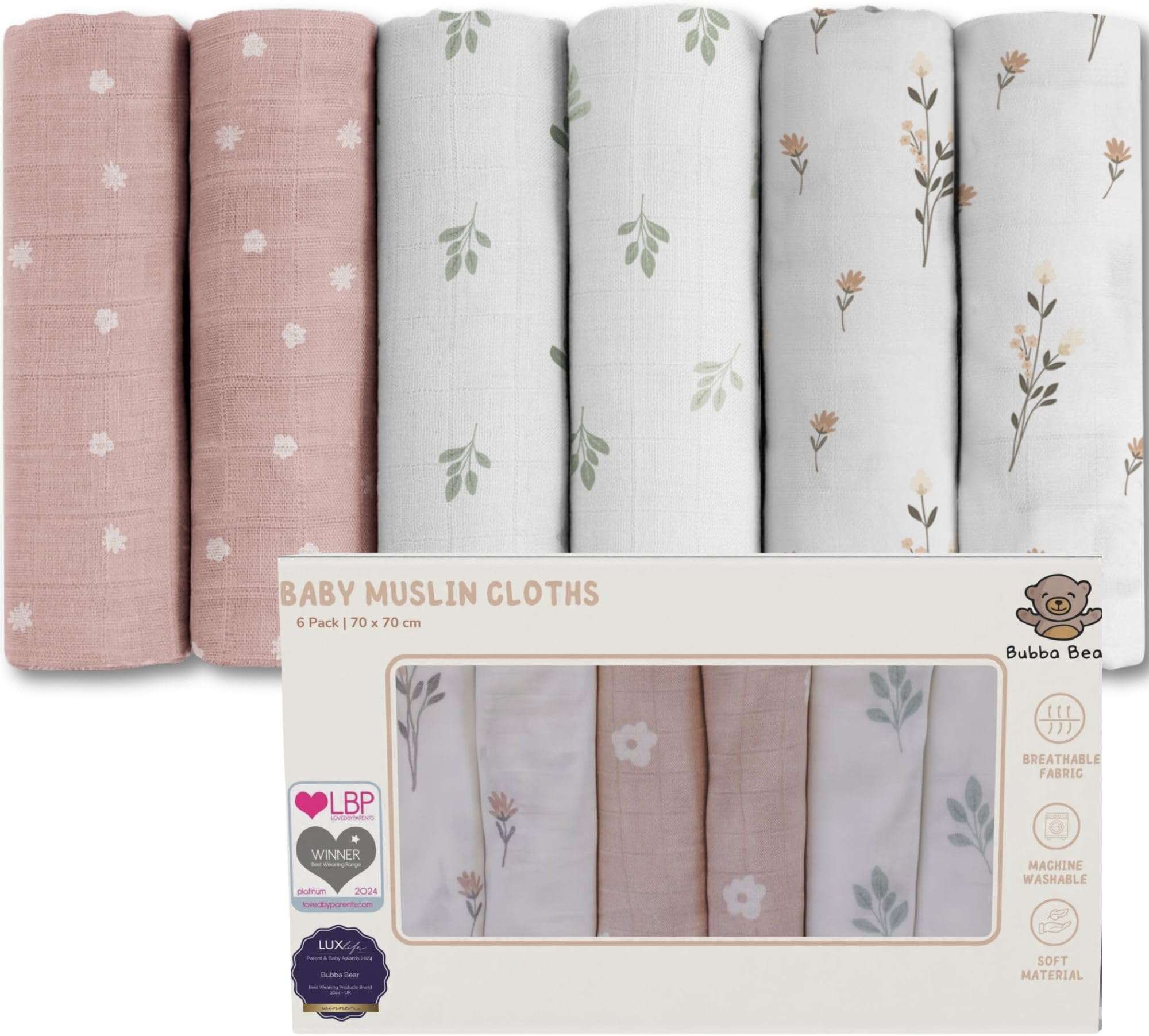 Aloonii 5 Pack Luxury Muslin Squares | Cute Small Baby Burp Cloths ...