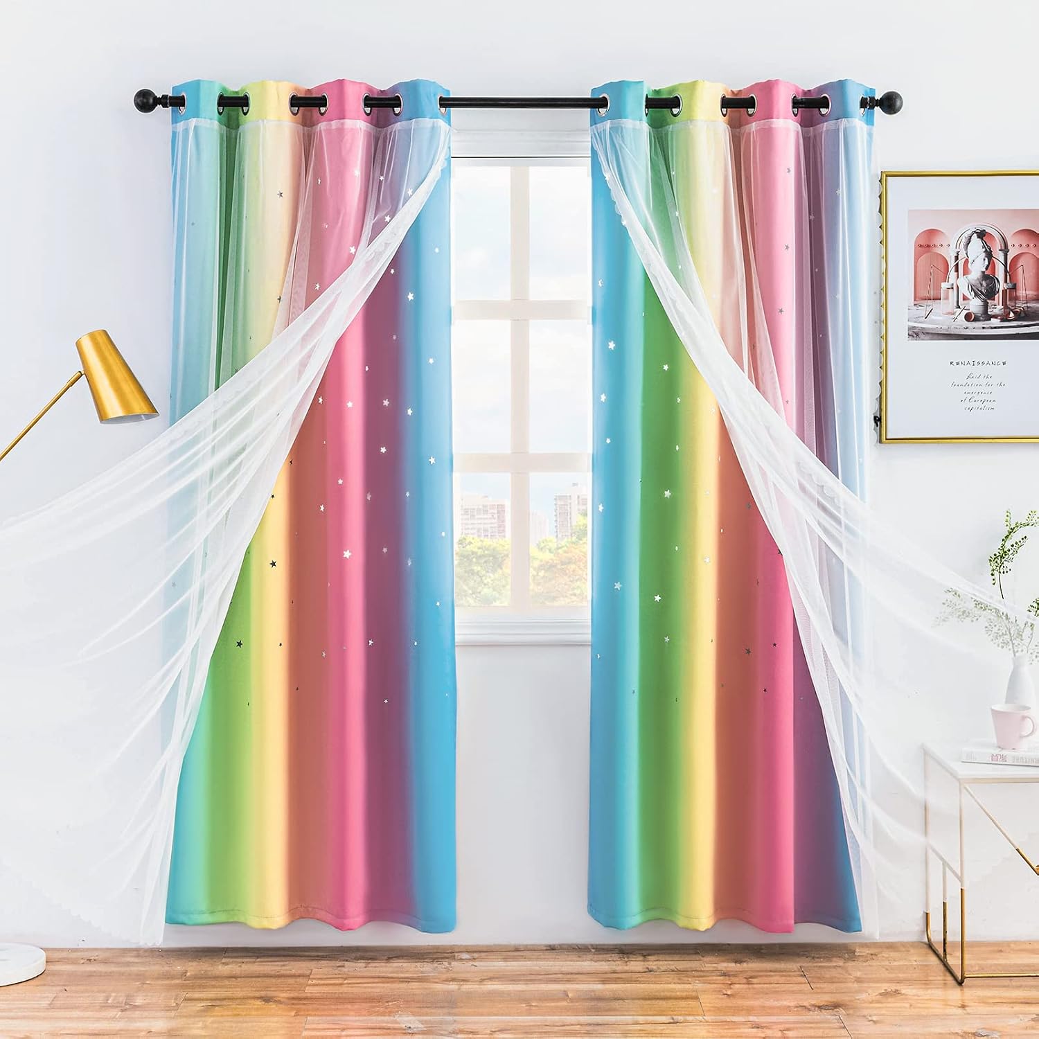 Amazon.com: Reepow Rainbow Curtains for Girls Bedroom 2 Panels, Star ...