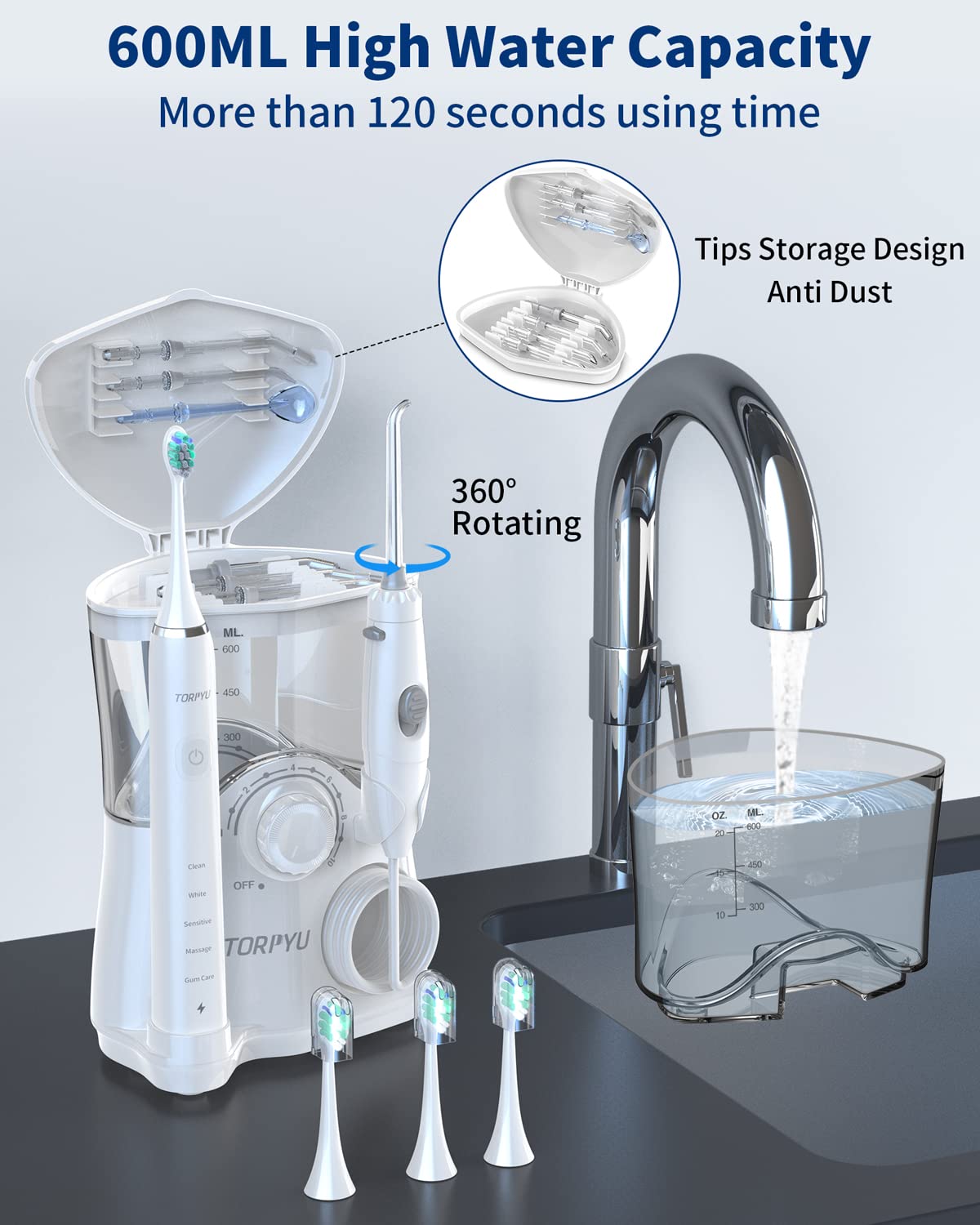 All-in-One Water Flosser & Ultrasonic Toothbrush Combo - Extra Capacity ...