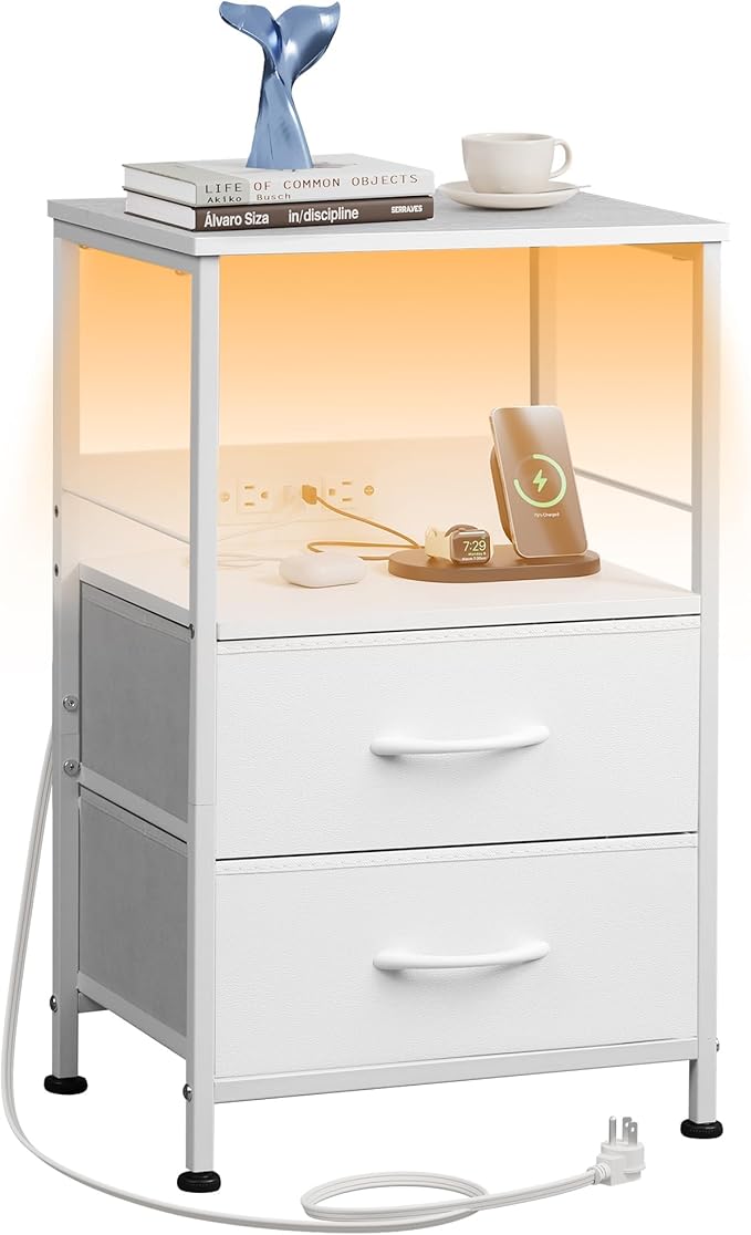 Amazon.com: WLIVE White Night Stand with Charger Station, LED ...