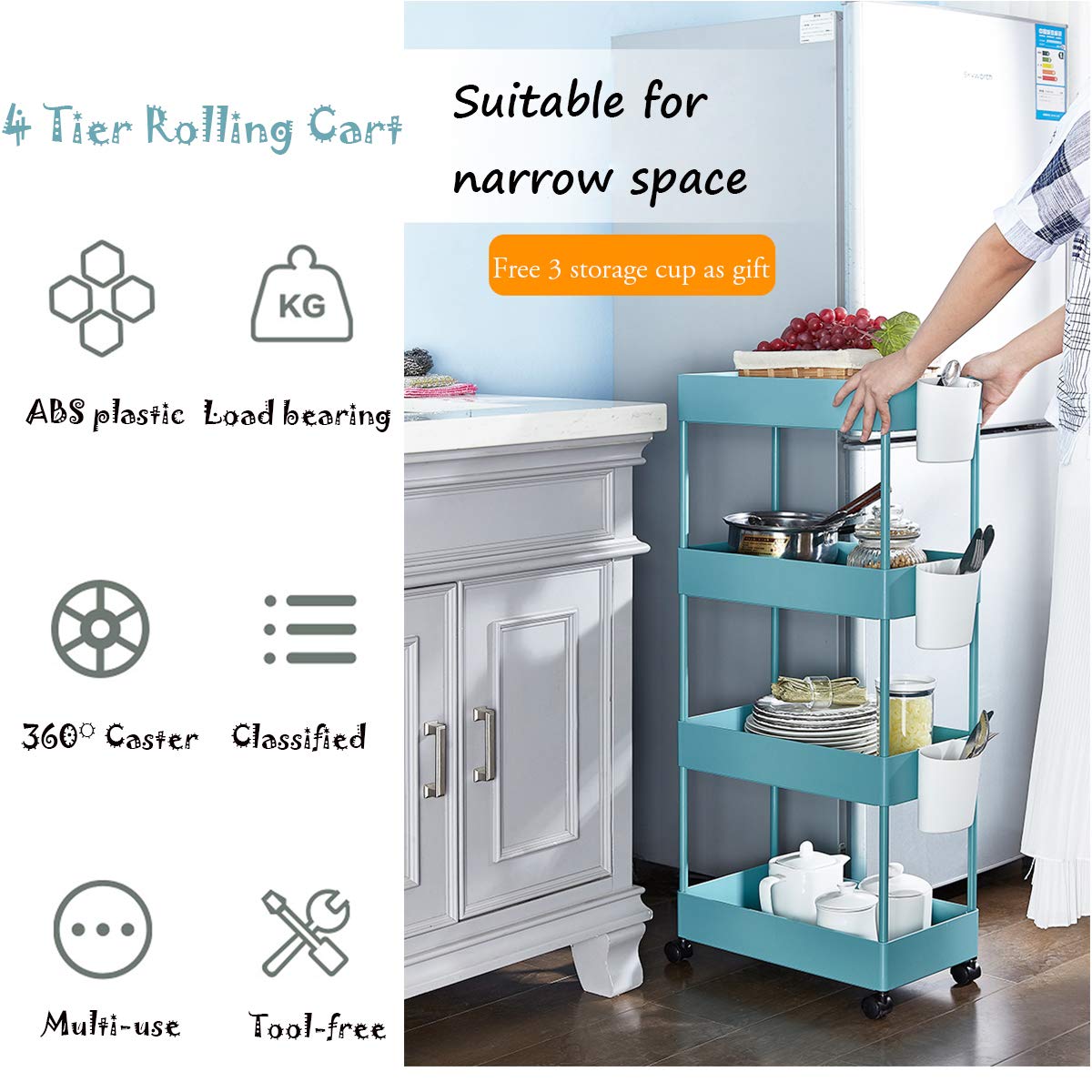 BOMKEE 4 Tier Slim Storage Cart Storage Trolley Slide Out Rolling ...