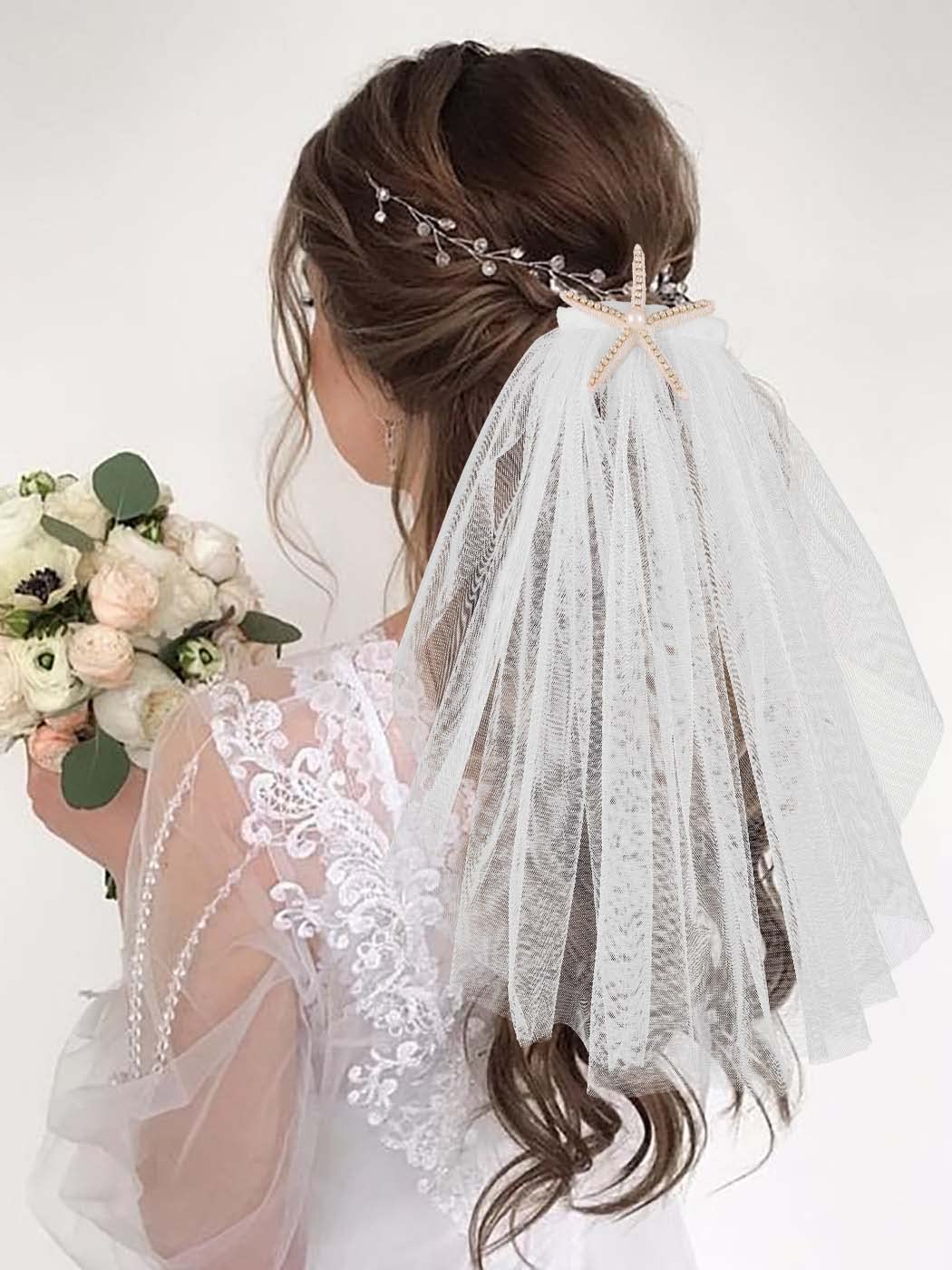 Amazon.com : JONKY Starfish Bride Veil Hair Combs White Tulle Bridal ...