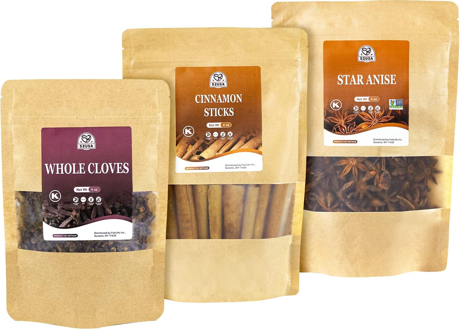 52USA Cinnamon Sticks Bulk + Star Anise Whole + Whole Cloves Bulk, 4oz ...